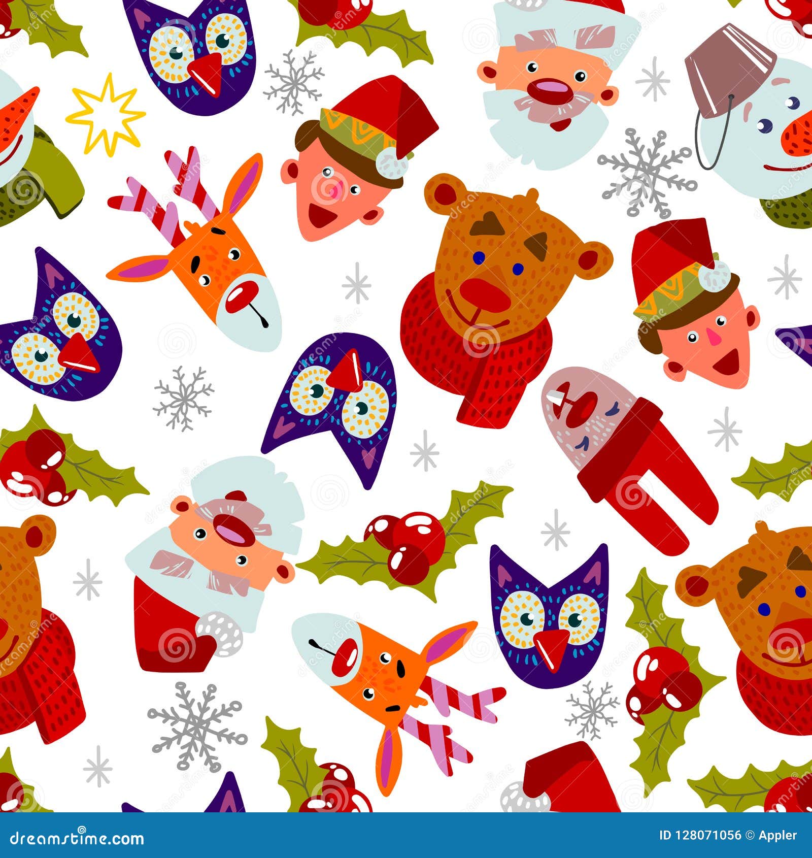 Christmas Characters Pattern Stock Vector - Illustration of berries ...