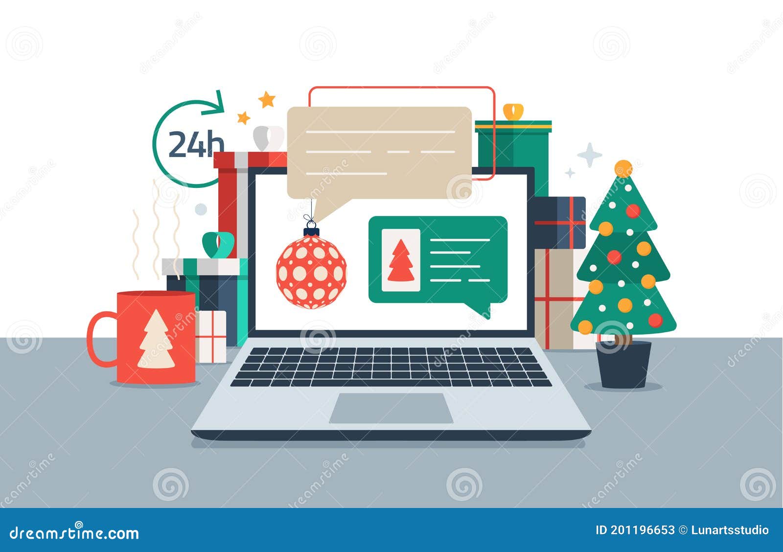 Christmas Chatting on Laptop. Chat Messages on Computer Online Vector ...
