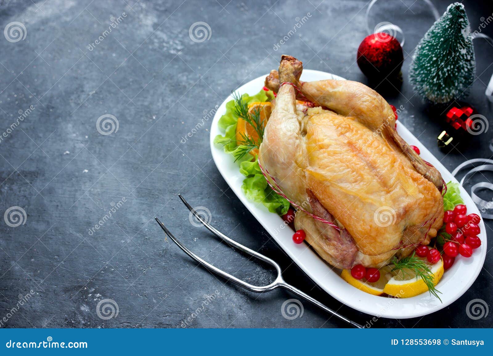 Christmas Chicken on Festive Table Stock Photo - Image of baked, copy ...