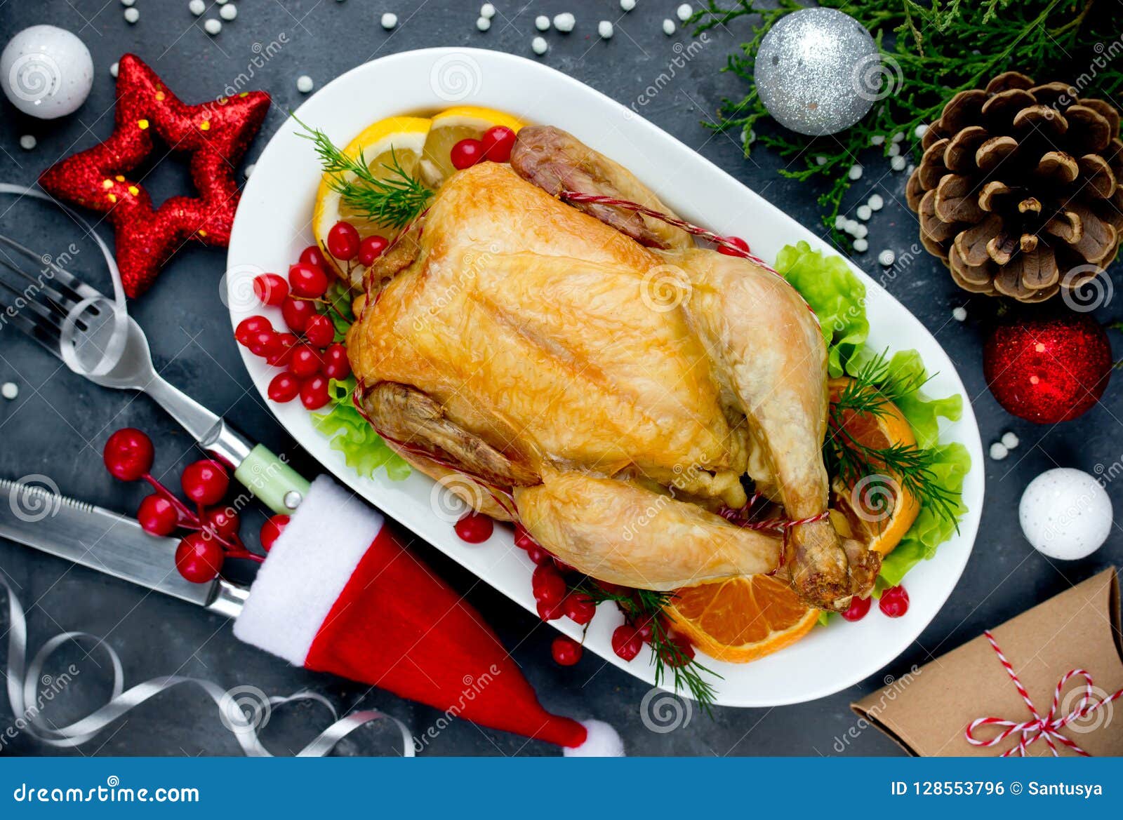 Christmas Chicken on Festive Table Stock Photo - Image of grilled, idea ...
