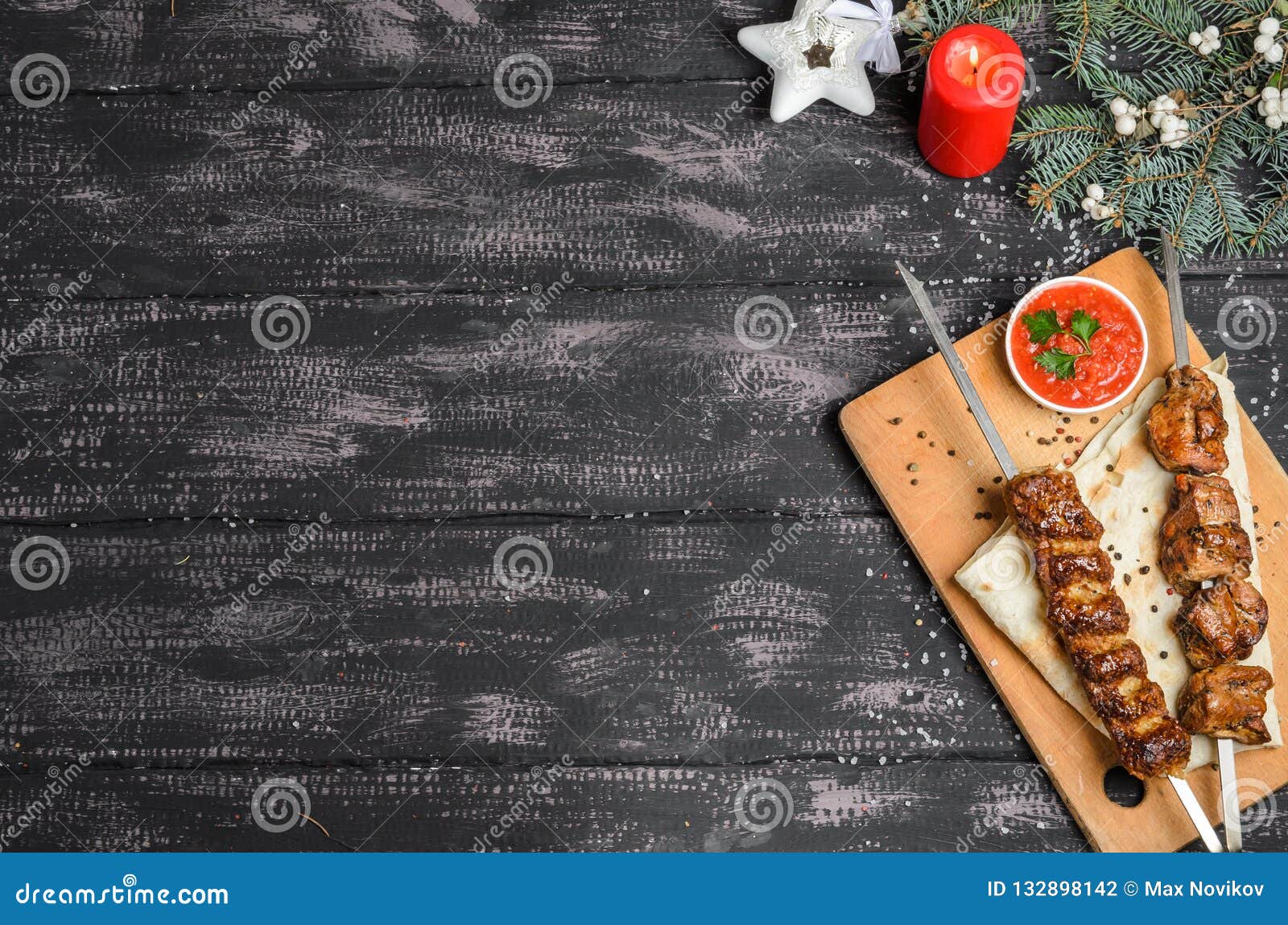 Christmas Composition with Kebab on Wooden Table Stock Photo - Image of ...
