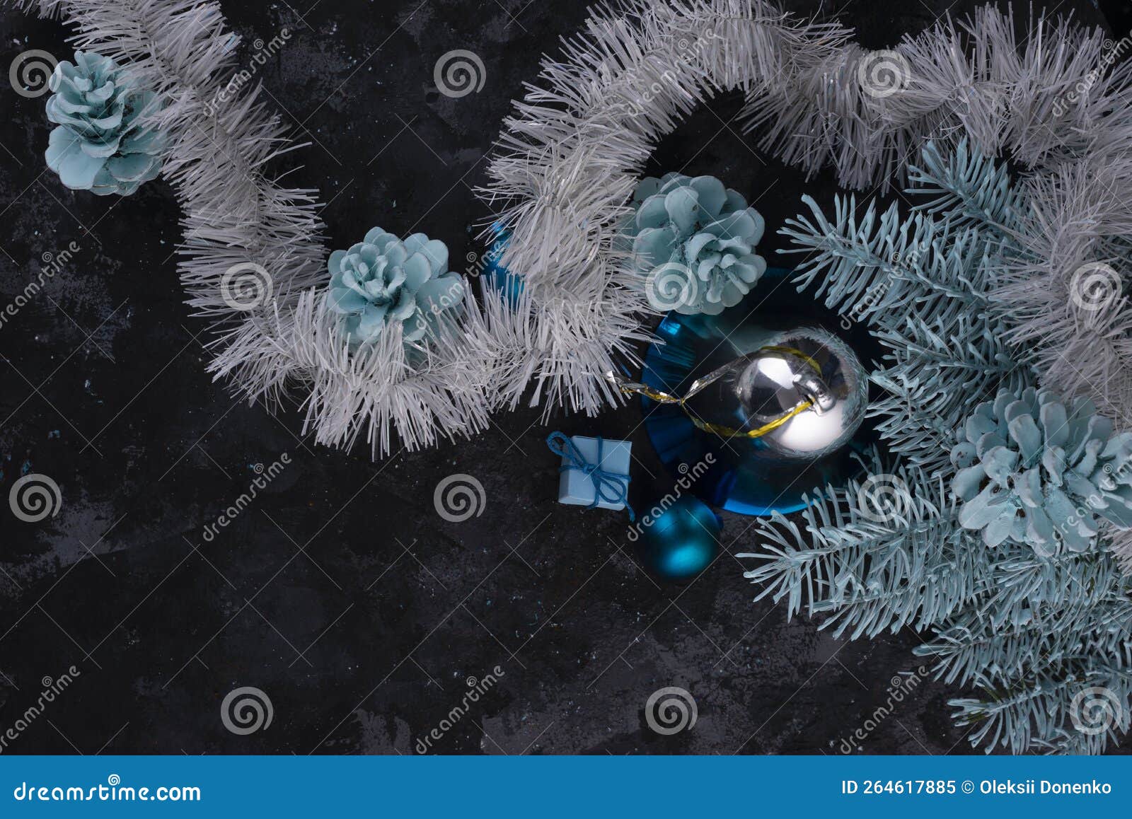 Christmas Composition Minimalistic White-blue Toys on a Dark Background ...