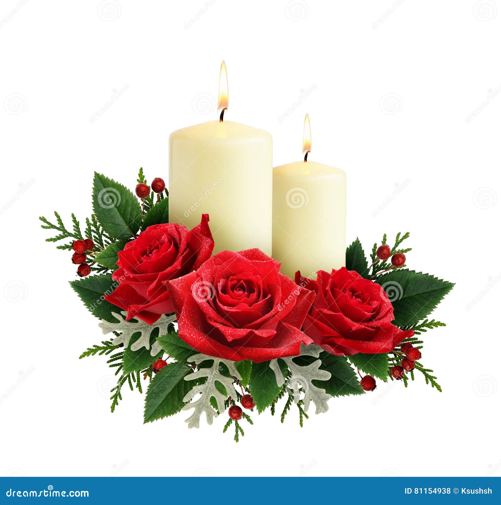 Christmas Composition with Red Rose Flowers and Candles Stock Photo ...