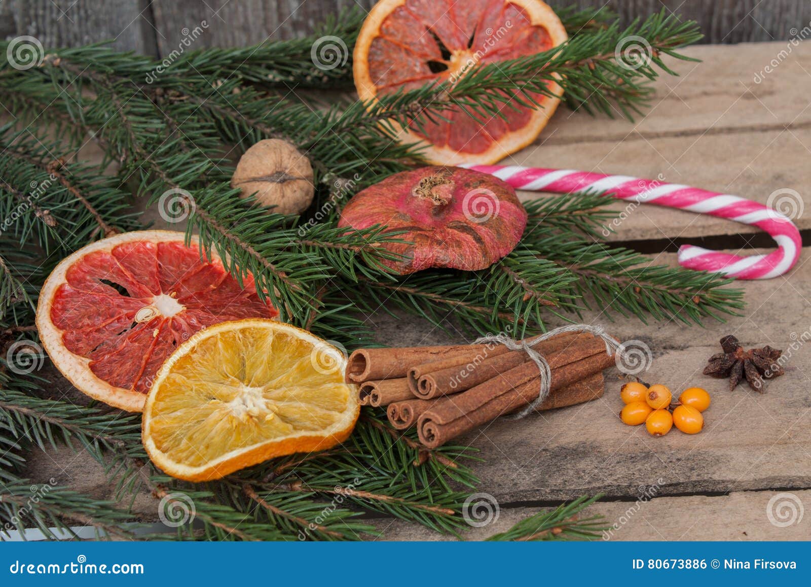 Christmas Composition. Spruce Branches, Candy Cane, Warming Tea with ...