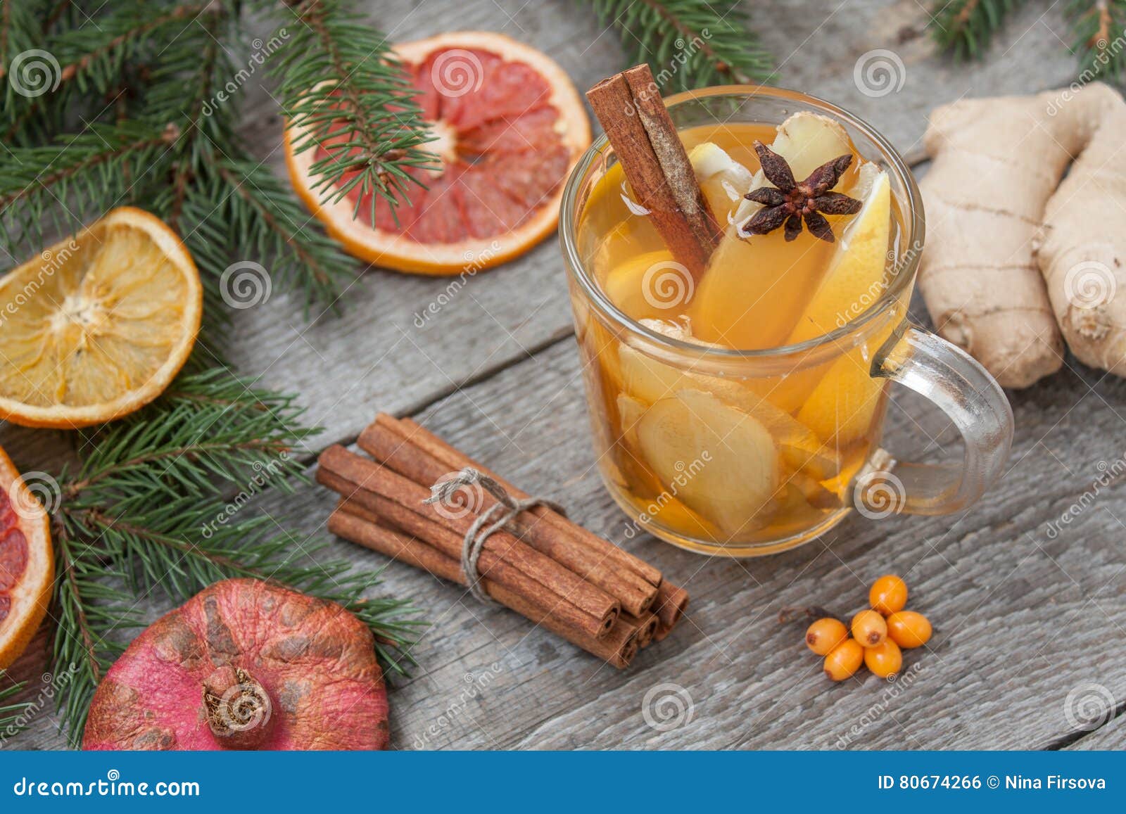 Christmas Composition. Spruce Branches, Candy Cane, Warming Tea with ...