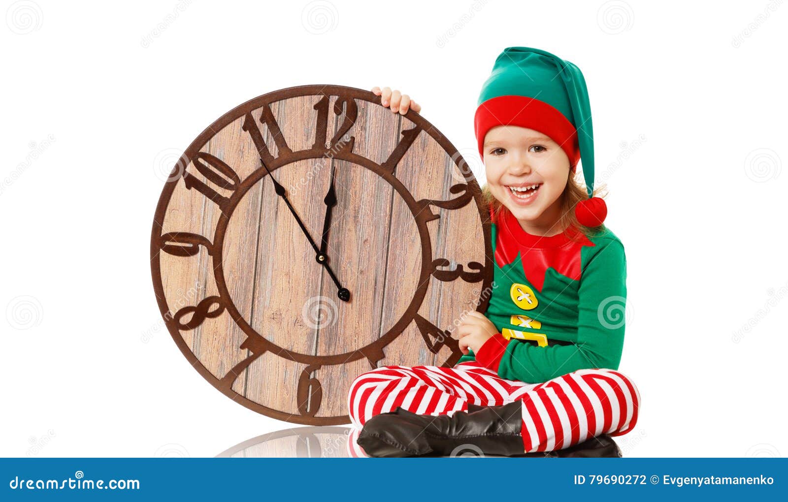 Christmas Concept. Little Elf with Clock Isolated on White Stock Photo ...