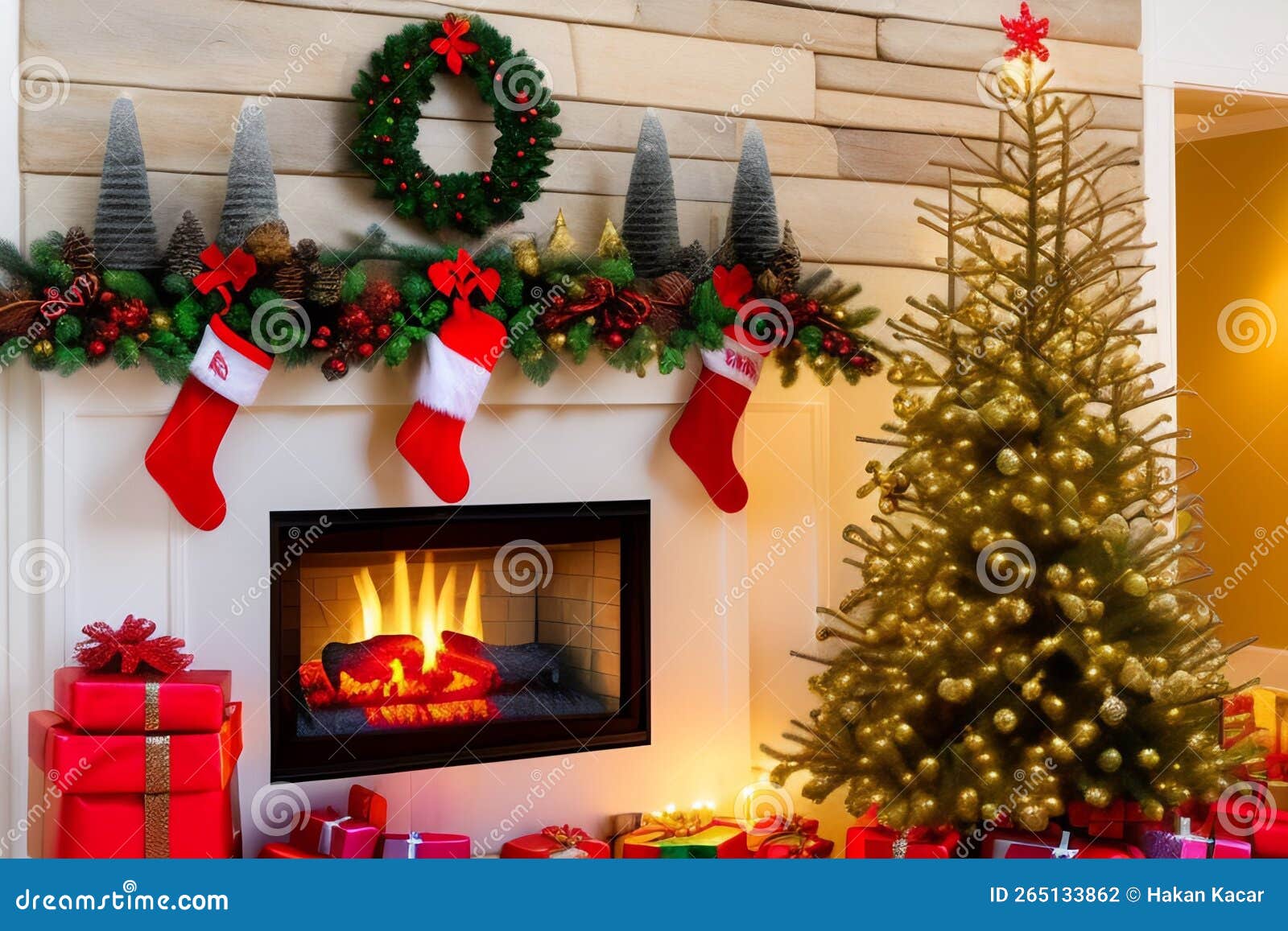 Christmas Concept. Decorated Christmas Tree Near Fireplace at Home ...