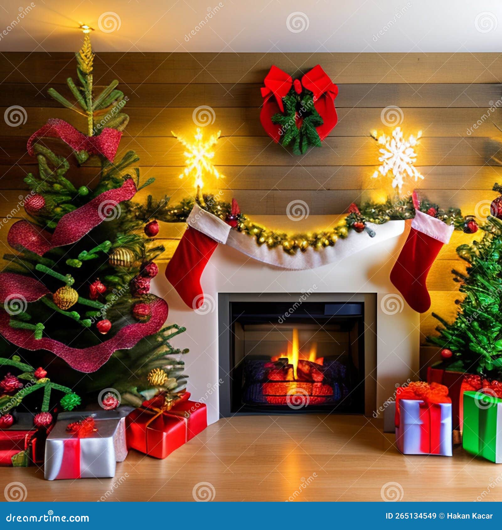 Christmas Concept. Decorated Christmas Tree Near Fireplace at Home ...
