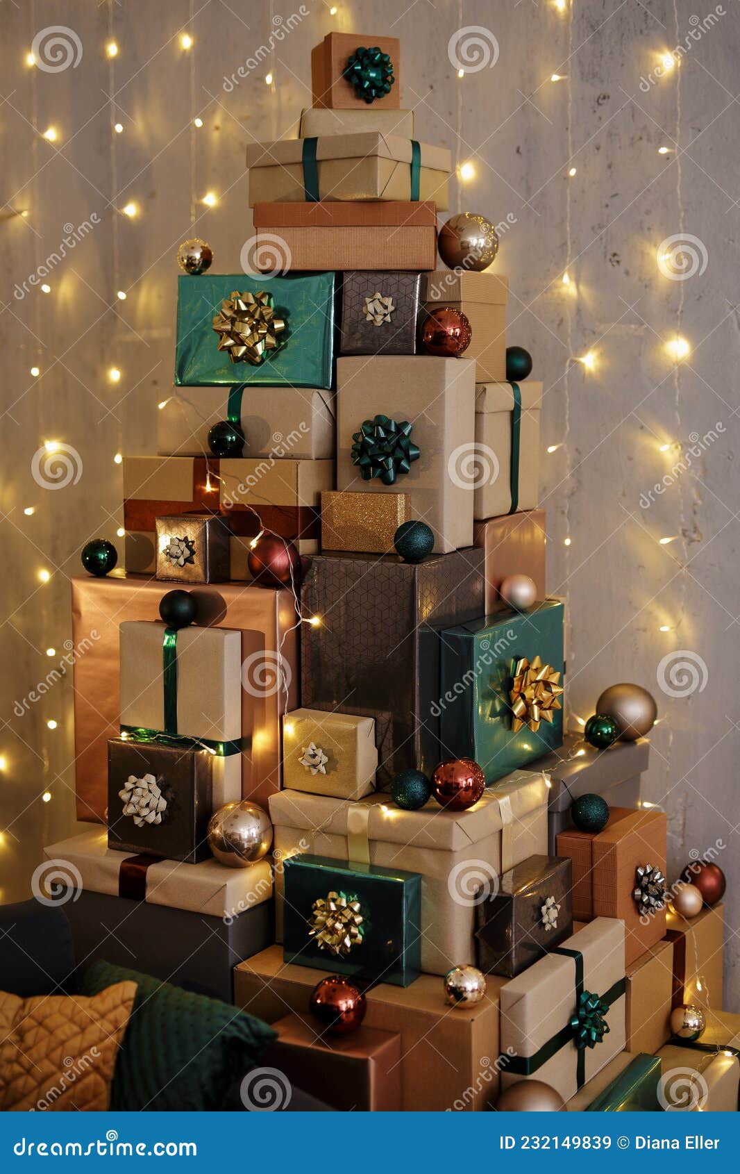 Christmas Concept - Tower of Gift Boxes in Shape of Christmas Tree and ...