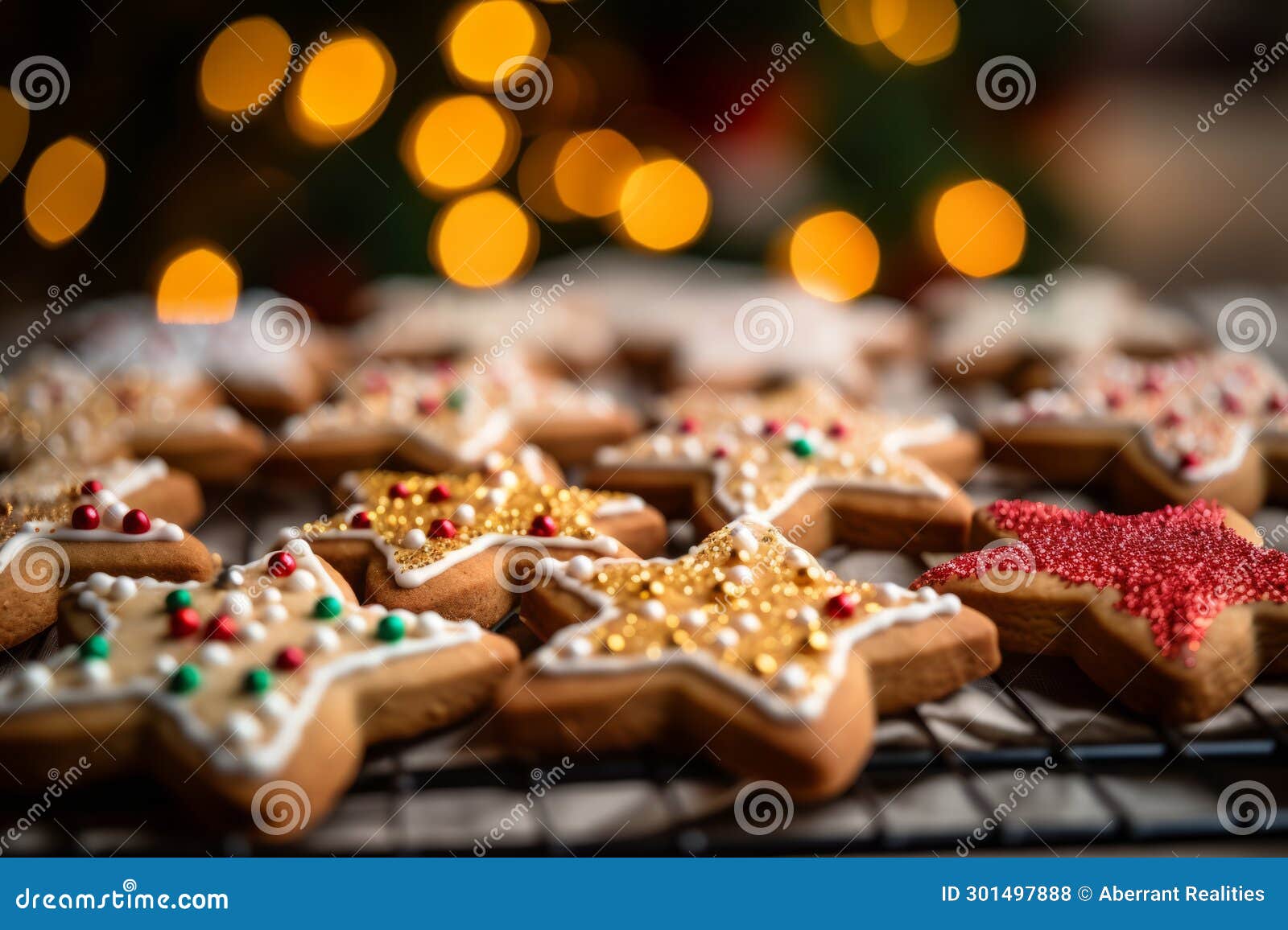 Christmas Cookies on a Cooling Rack in Front of a Christmas Tree Stock ...
