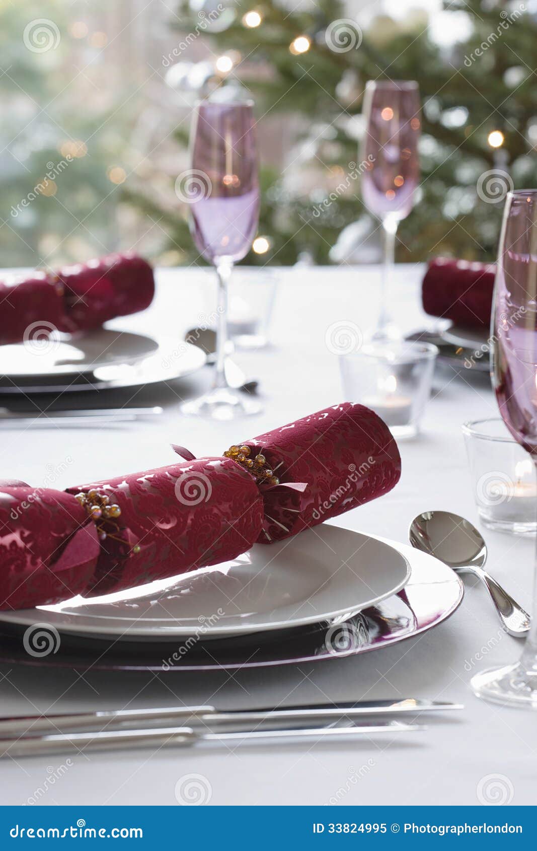 Christmas Crackers on Dining Table Stock Image - Image of drink ...