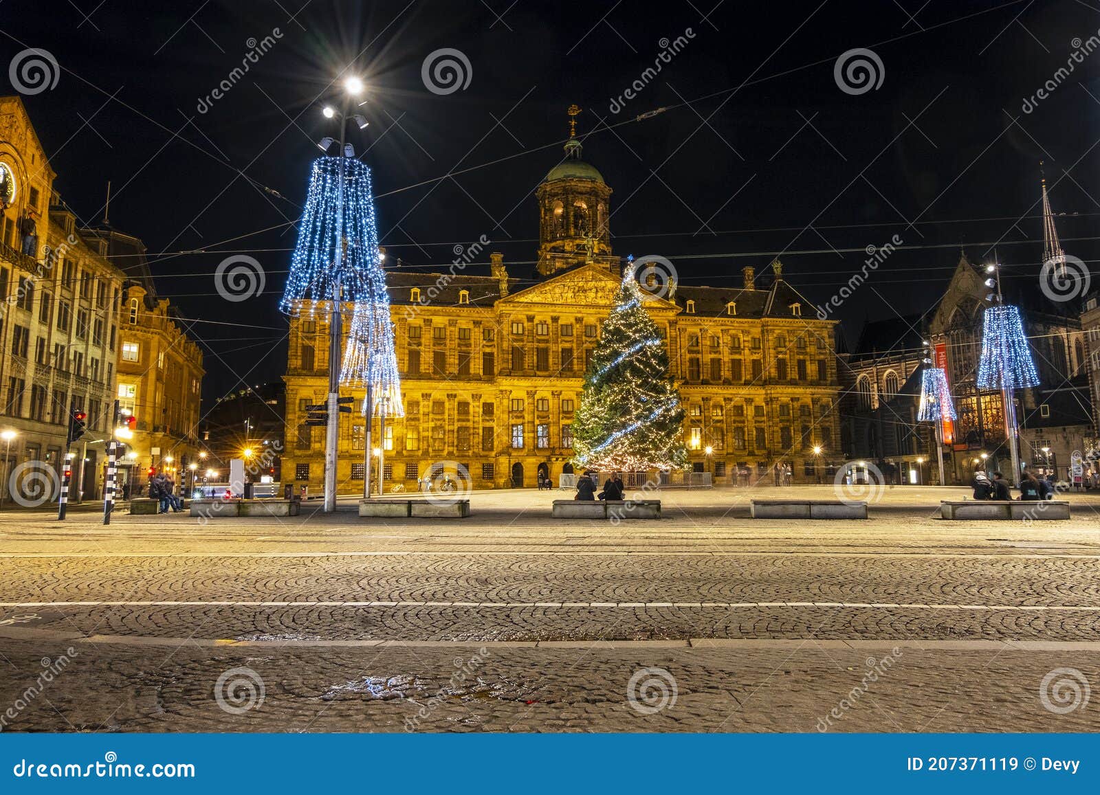 Christmas on the Dam Square in Amsterdam at Night in the Netherlands ...