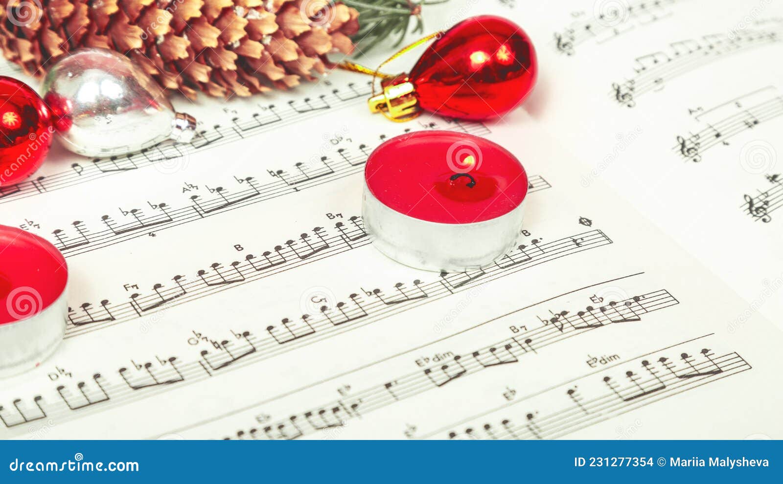 Christmas Decor on the Background of Musical Notes Stock Photo - Image ...