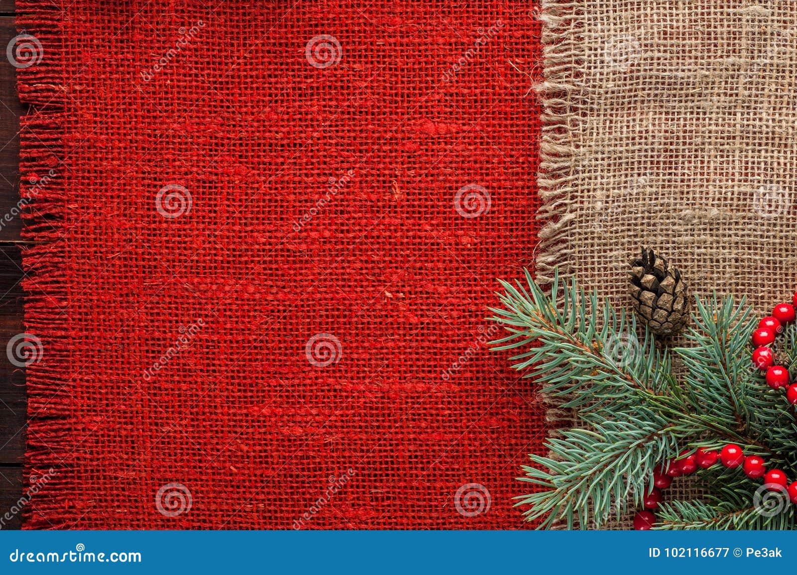 Christmas Decorated Red Burlap Tablecloth Background Top View Stock ...