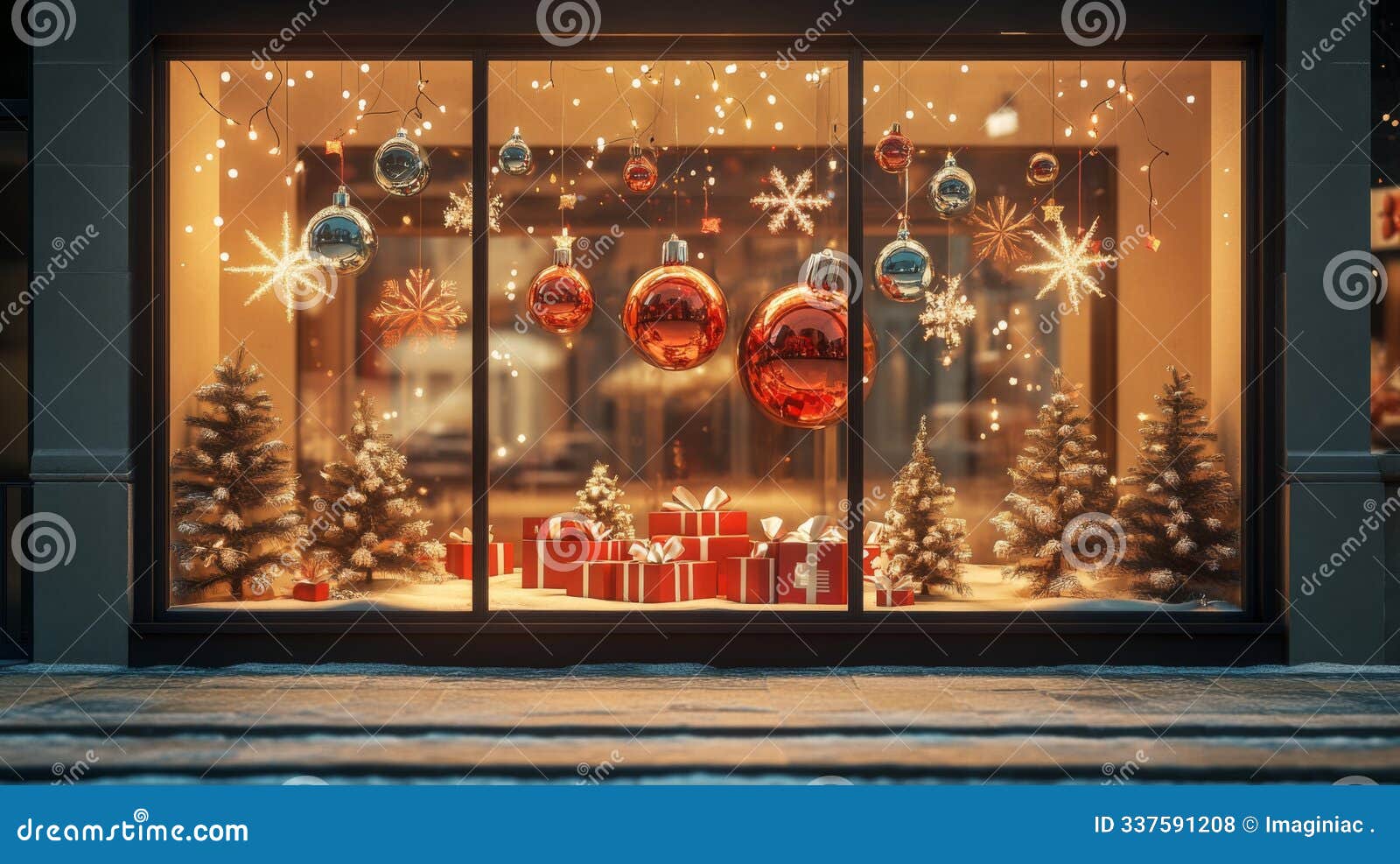 Christmas Decorated Storefront with Snowy Sidewalk Stock Illustration ...