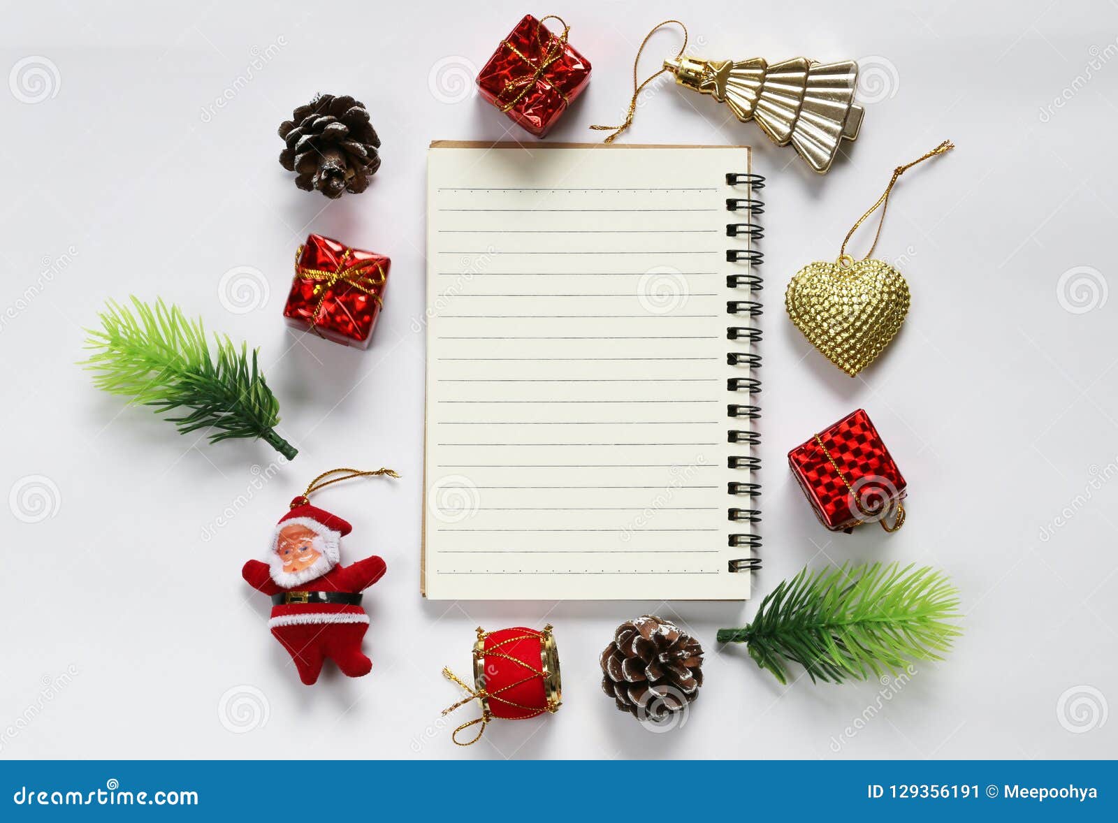 Christmas Decoration and Empty Notebook on White Background. Stock ...