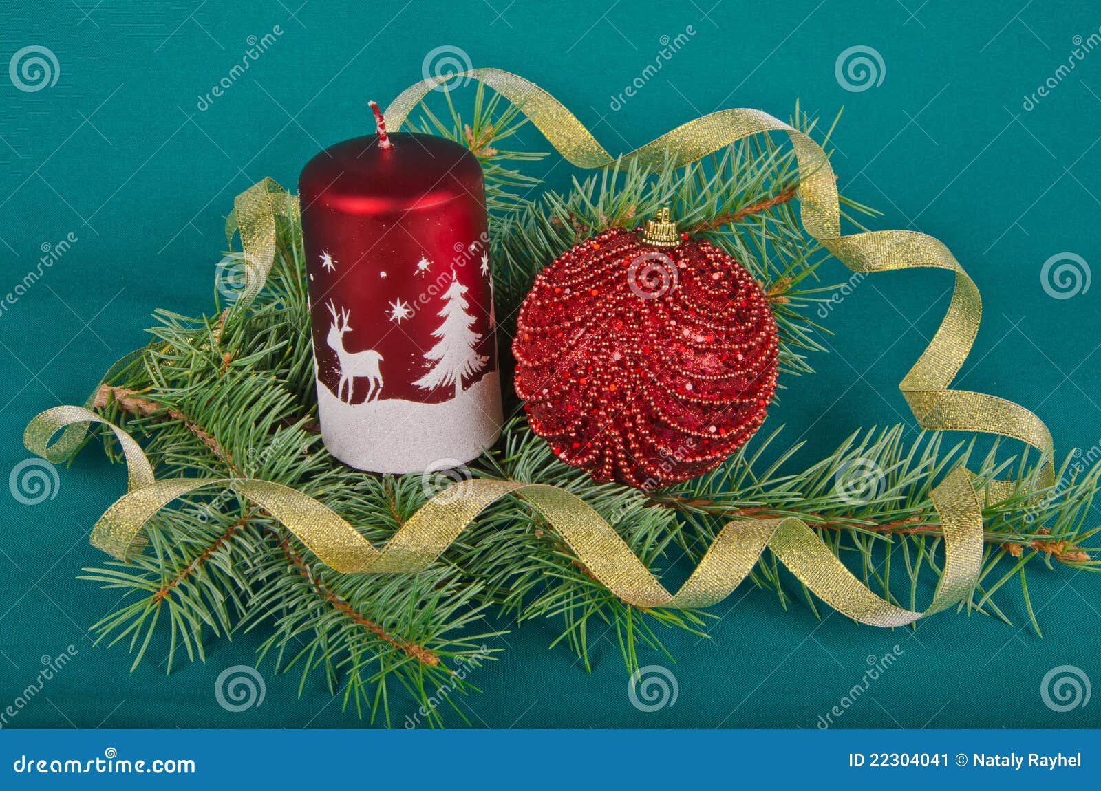 Christmas Decorations with Candle and Spruce Stock Image - Image of ...