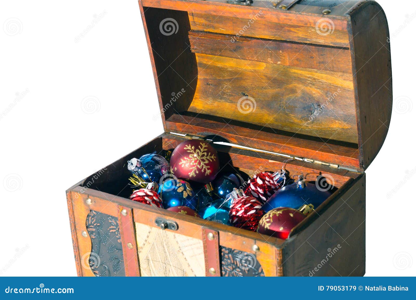 Christmas Decorations in a Chest Isolated on White Stock Image - Image ...