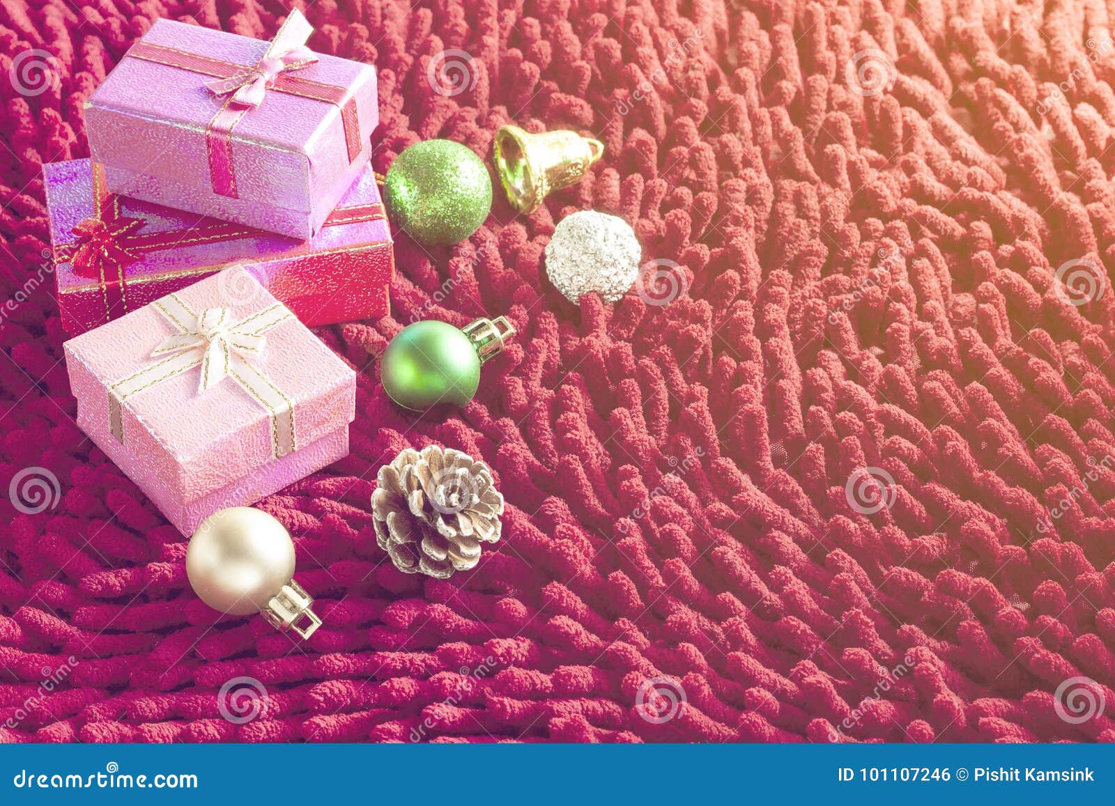 Christmas Decorations and Gift Boxes on the Red Carpet Stock Photo ...