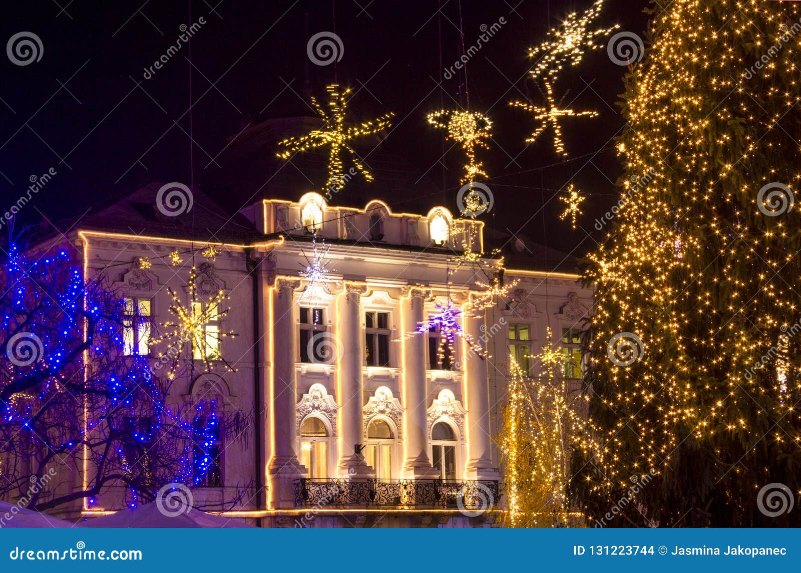 Christmas Decorations and Lights on the Building and Around the ...