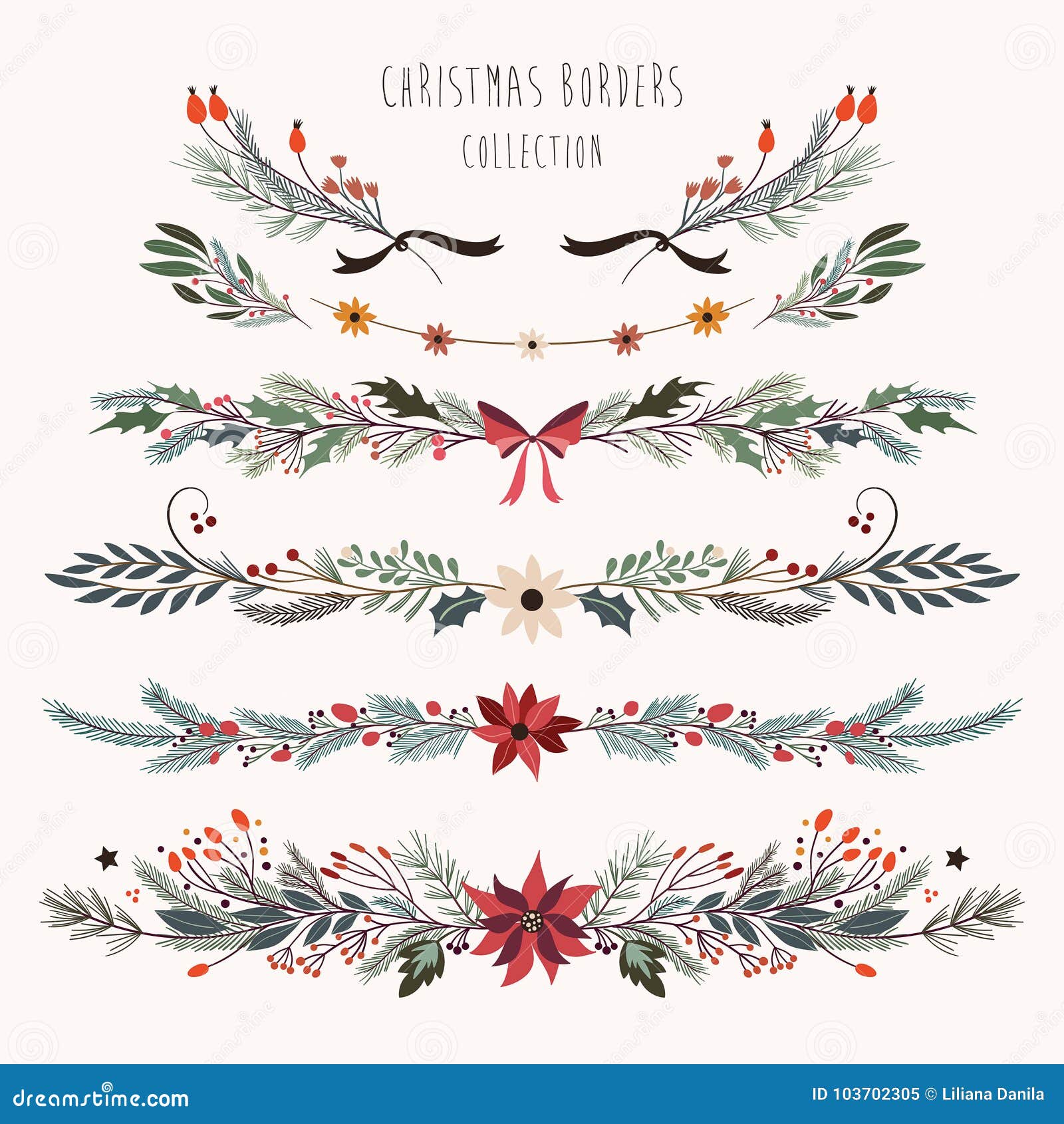 Christmas Decorative Borders with Hand Drawn Floral Branches Stock ...