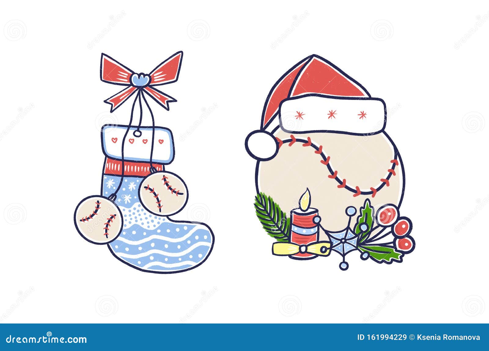 Christmas Decorative Illustration for Baseball. Hand Drawing. Stock ...