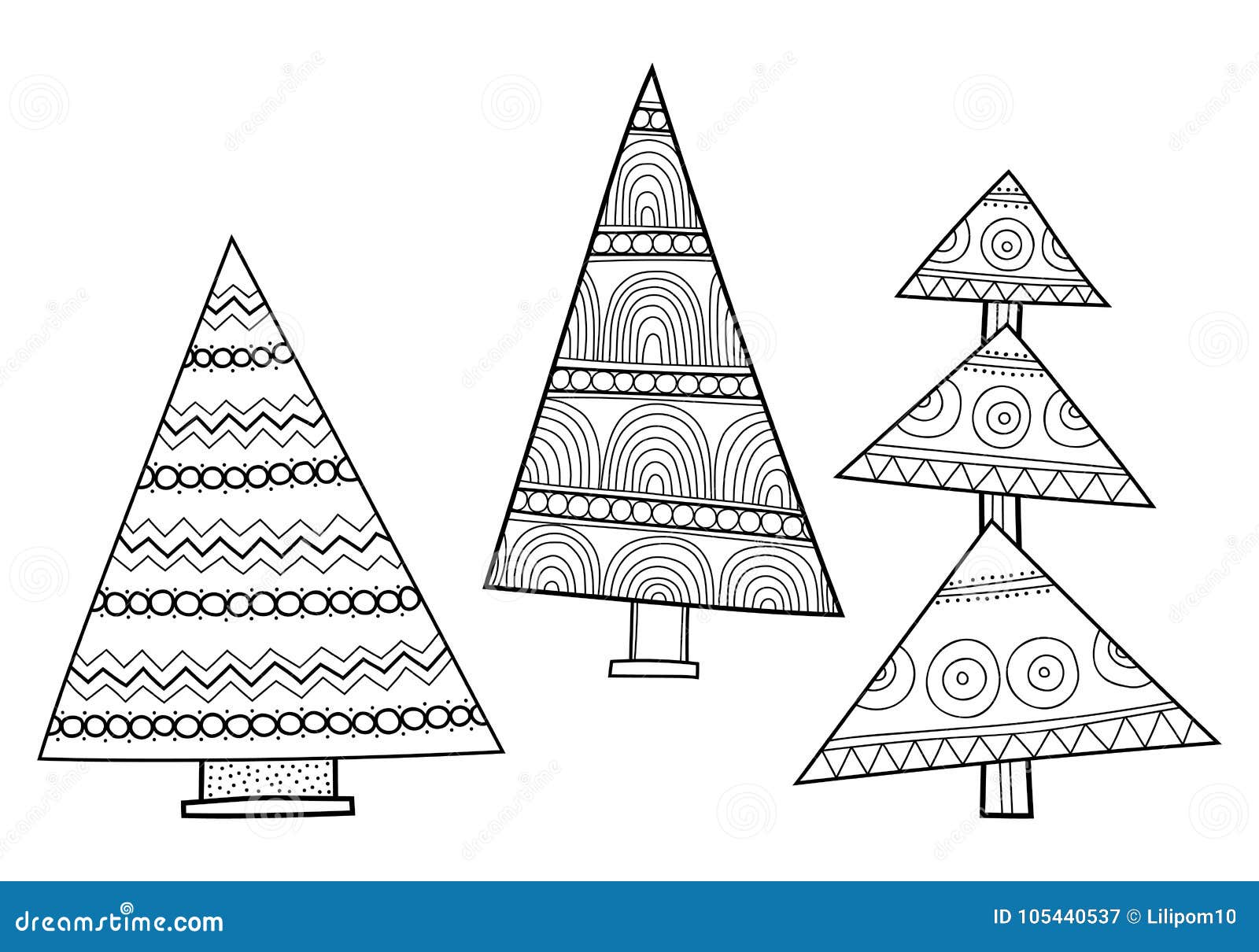 Christmas Decorative Trees. Black and White Illustration for Coloring ...