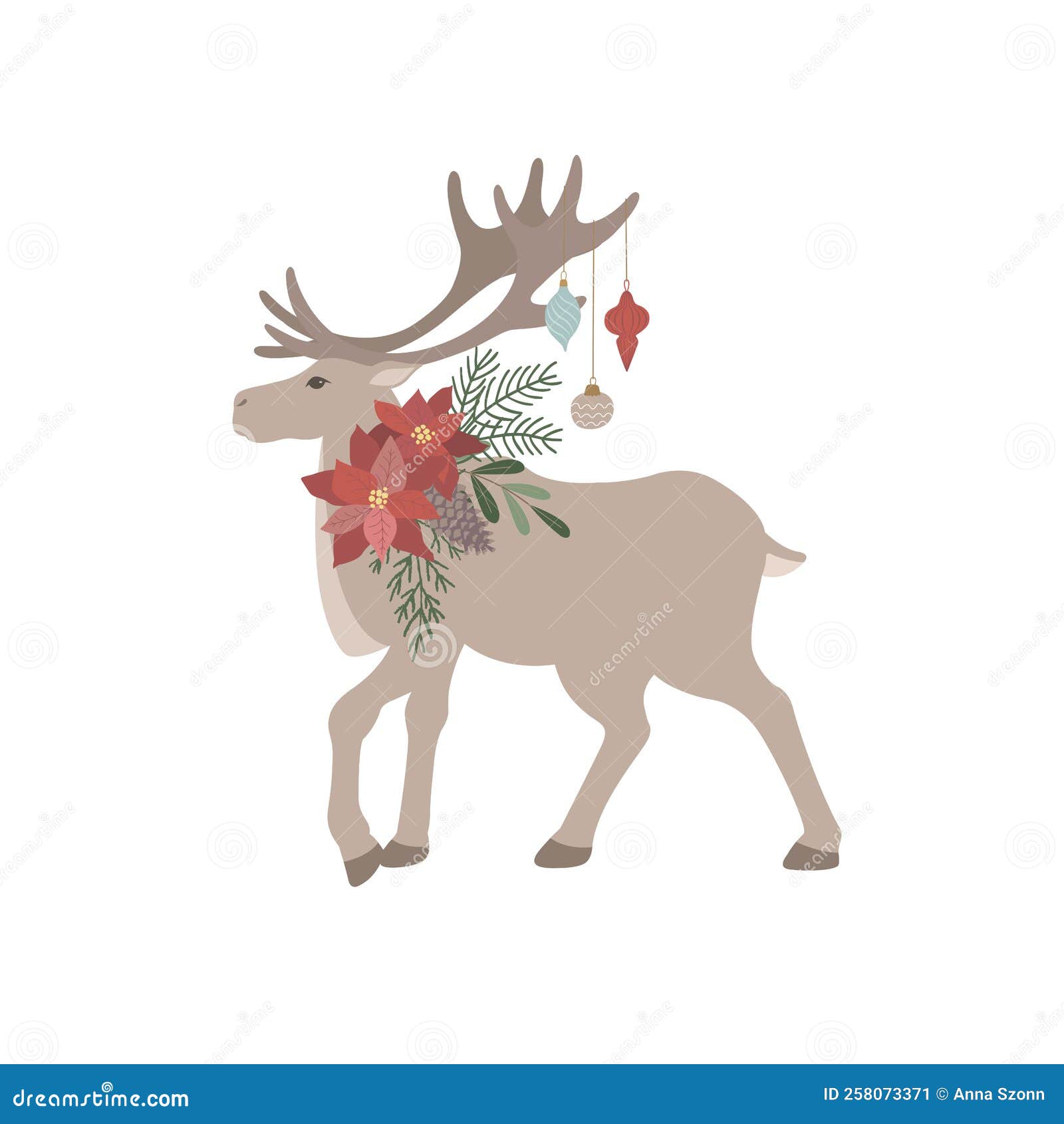 Christmas Deer with Winter Florals on the White Background. Stock ...