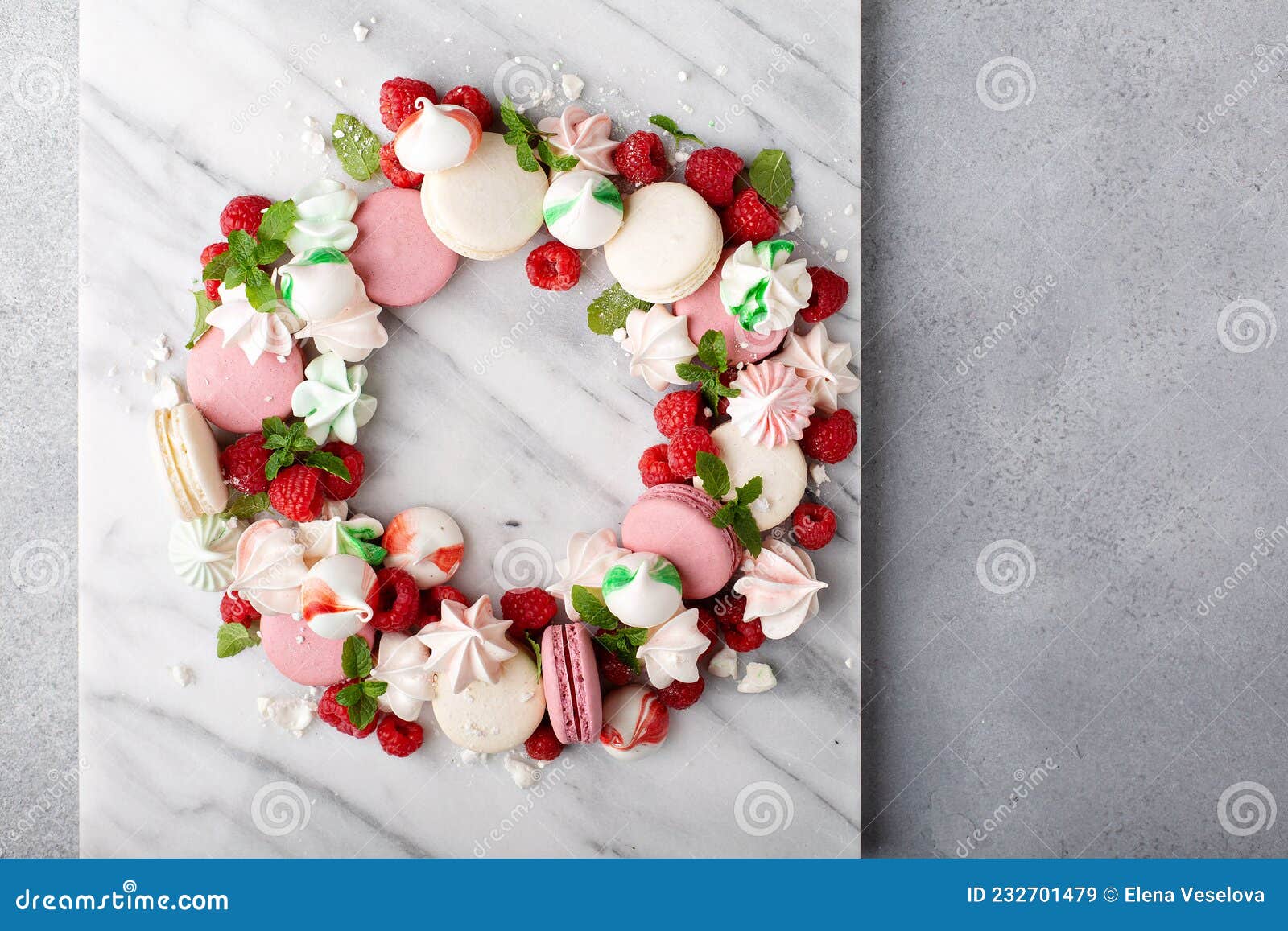 Christmas Dessert Wreath with Macarons and Meringues Stock Image ...