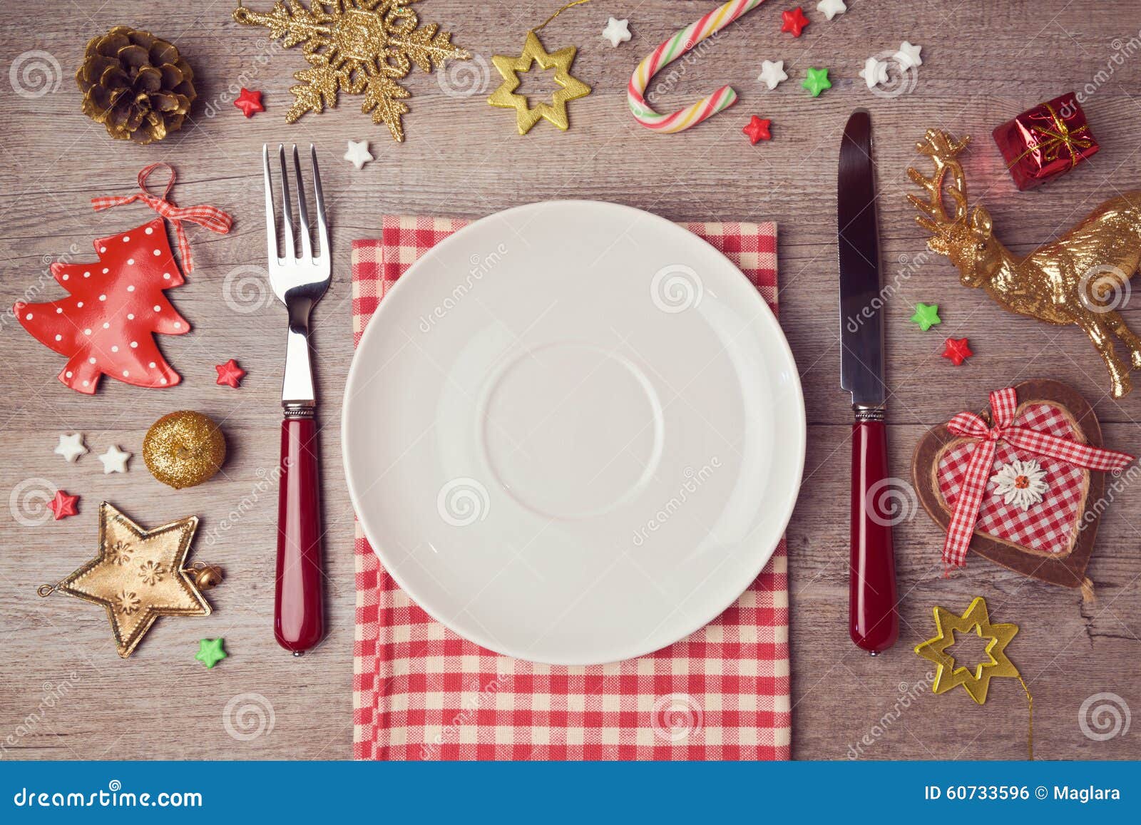 Christmas Dinner Background with Rustic Decorations. View from Above ...