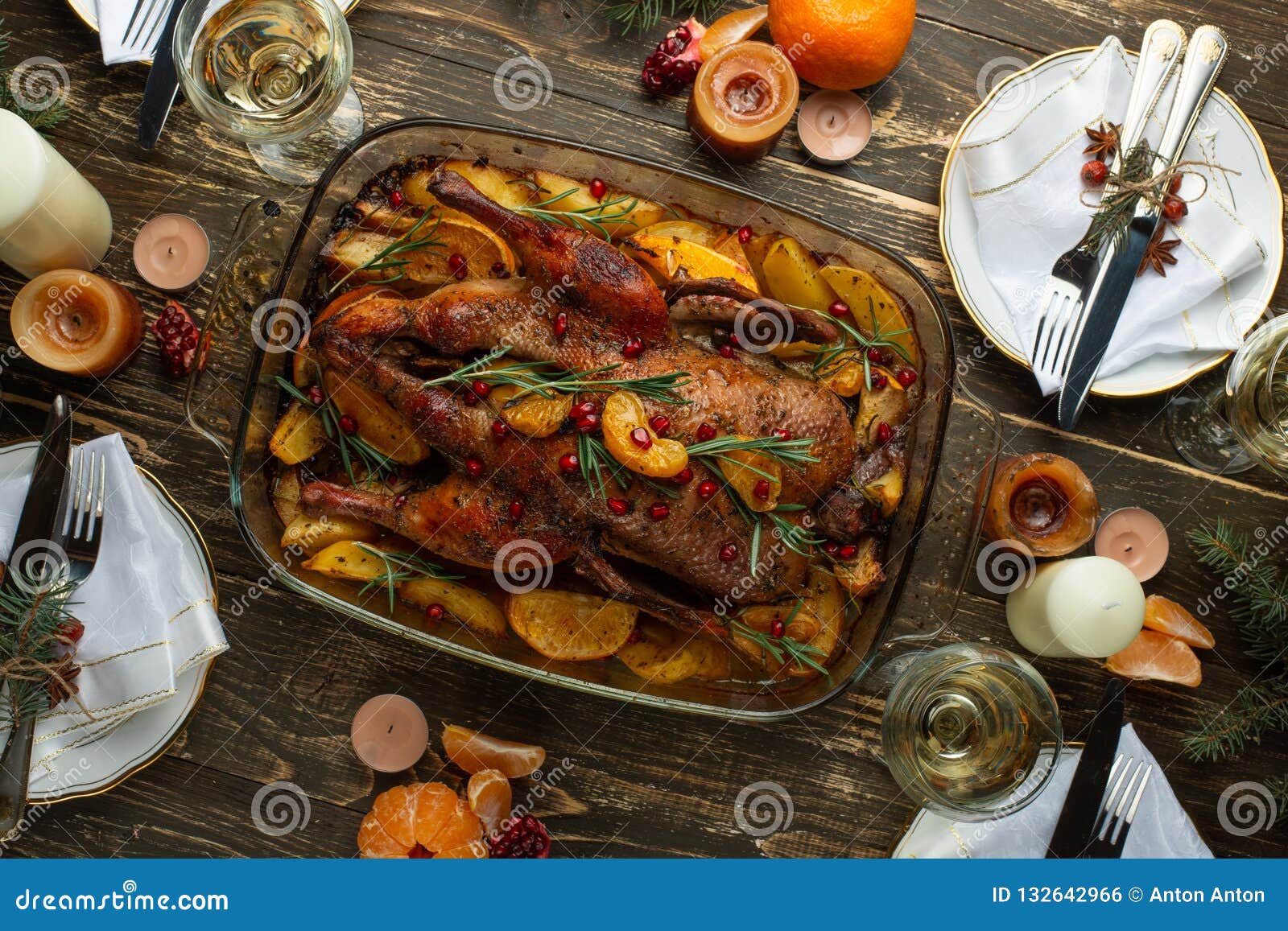 Christmas Dinner with Duck and Fruit, Festive Table Setting, New Year ...