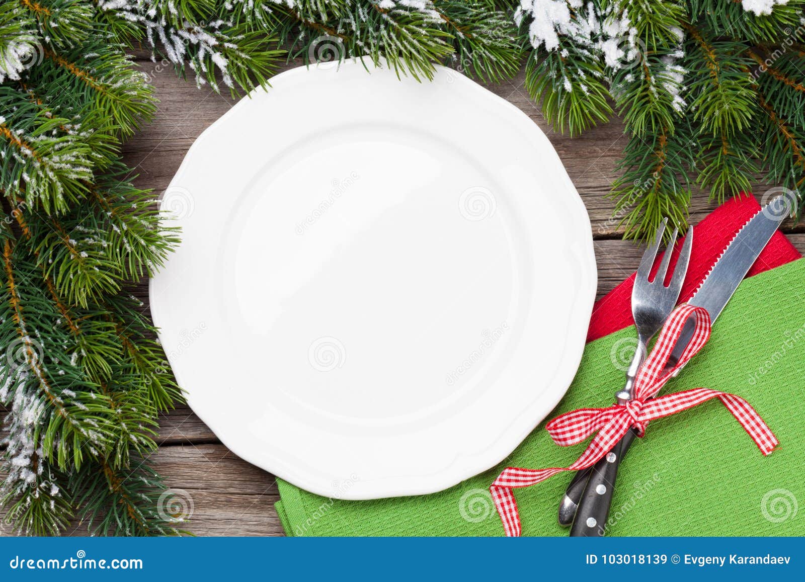 Christmas Dinner Plate, Silverware, Fir Tree Stock Image - Image of ...