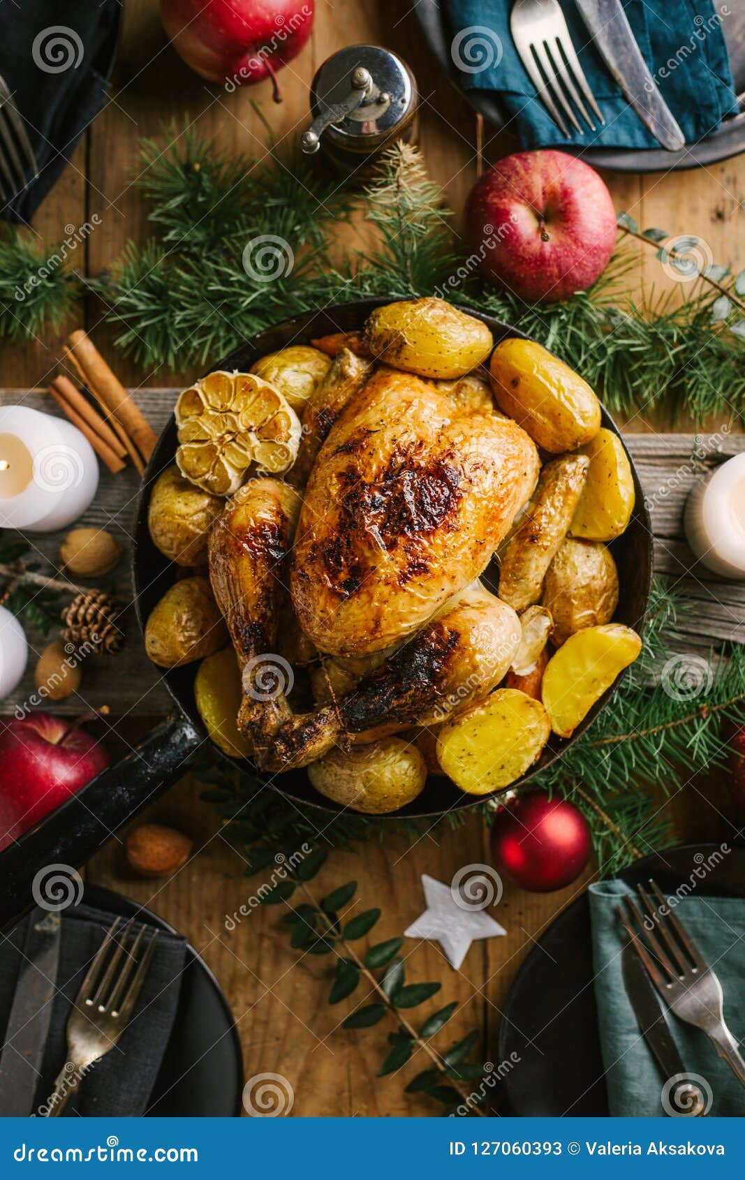 Christmas Dinner Table with Chicken Stock Image - Image of decoration ...