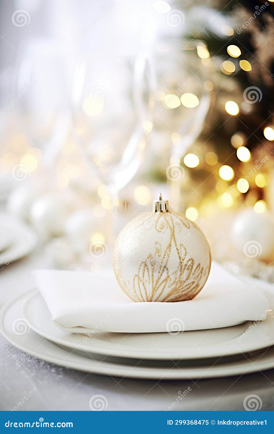 Christmas Dinner Table Setting. Christmas Day Meal with White and Gold ...