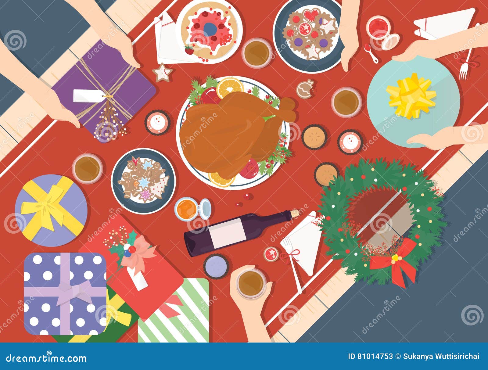 Christmas Dinner on Wood Table Vector Design. Stock Vector ...