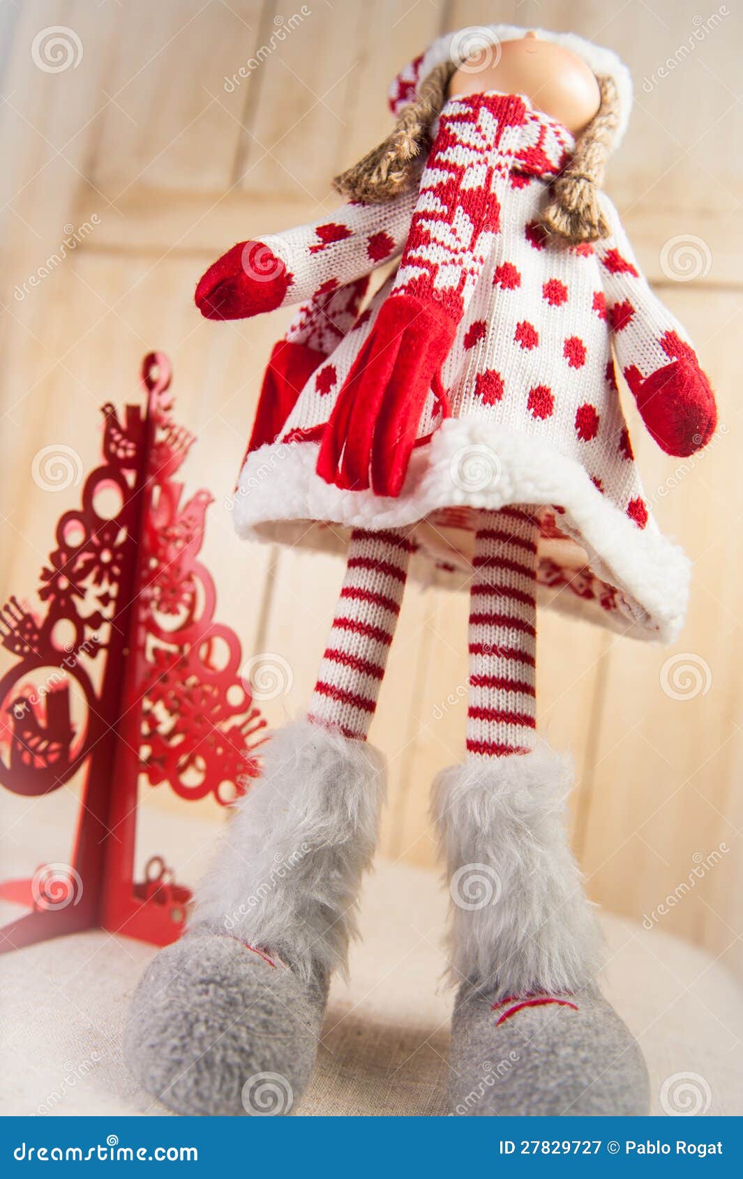 Christmas Doll and a Red Christmas Tree Stock Image - Image of portrait ...