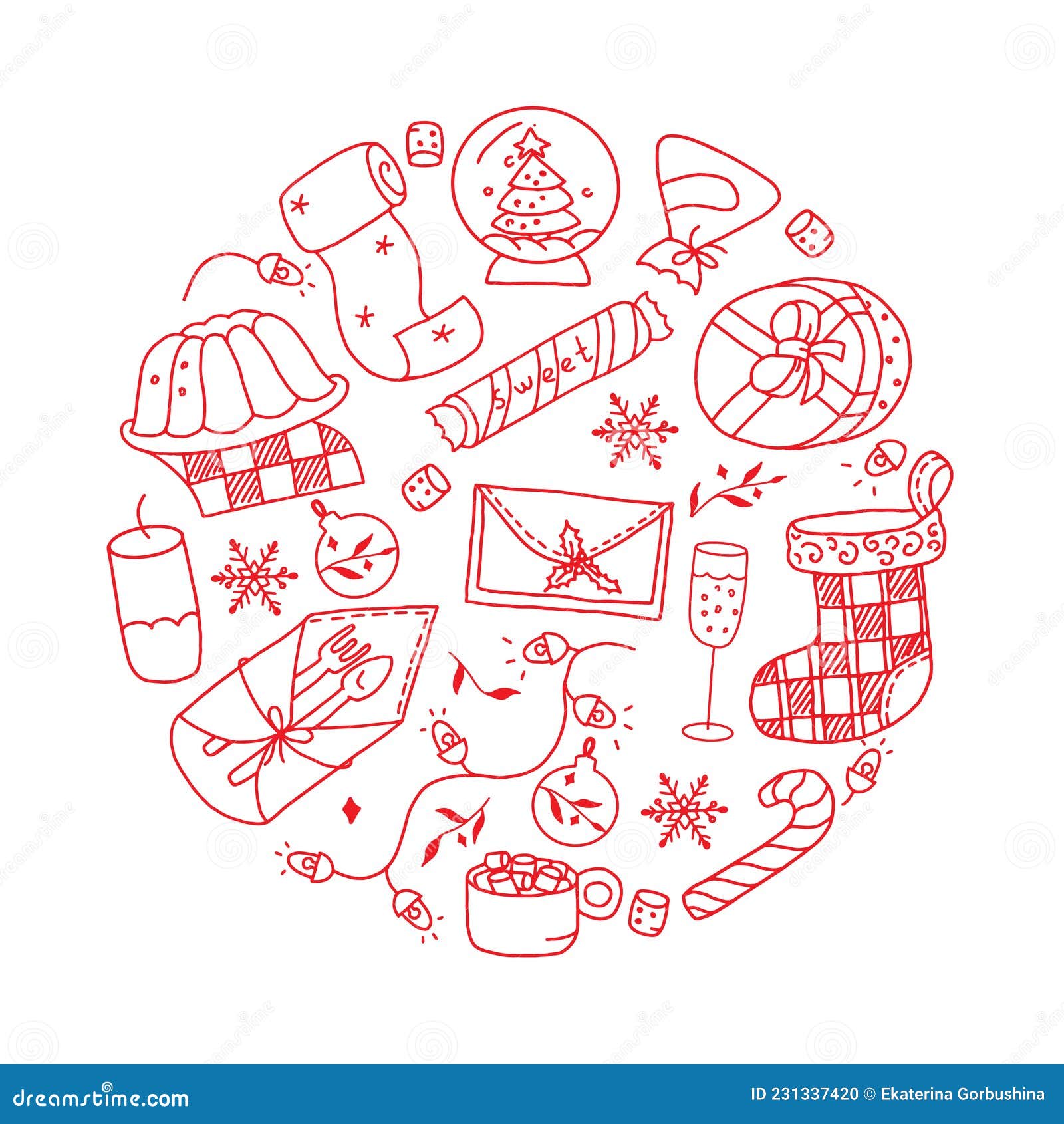 Christmas Elements Pattern. Outline Stroke Symbols on White Background ...