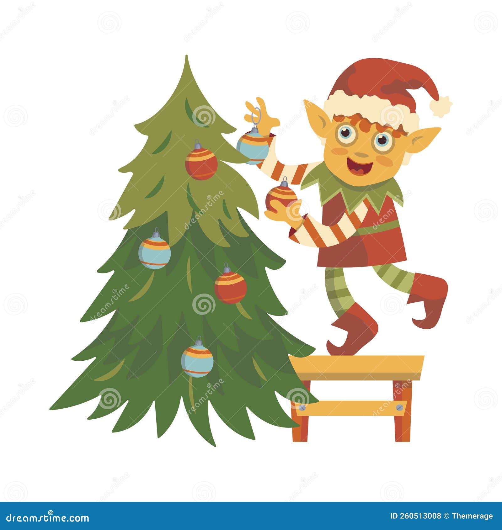 Christmas Elf Decorates the Christmas Tree Standing on a Stool Vector ...