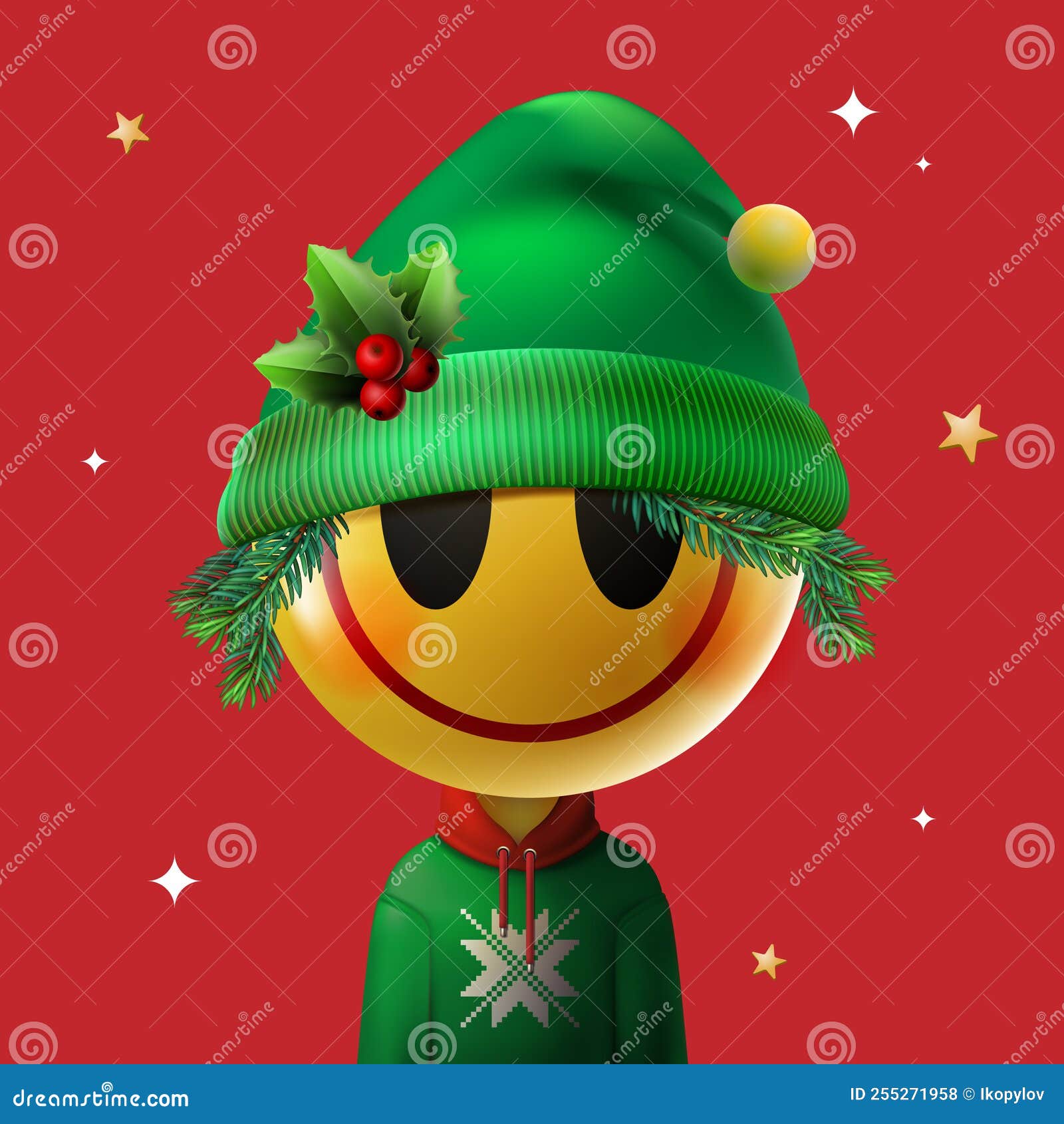 Christmas Elf Emoji Smiling Face and Holiday Decorations Elements Stock ...