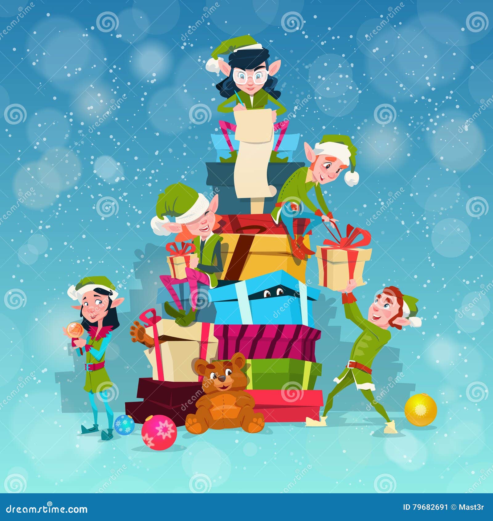 Christmas Elf Group Cartoon Character Santa Helper with Present Box ...