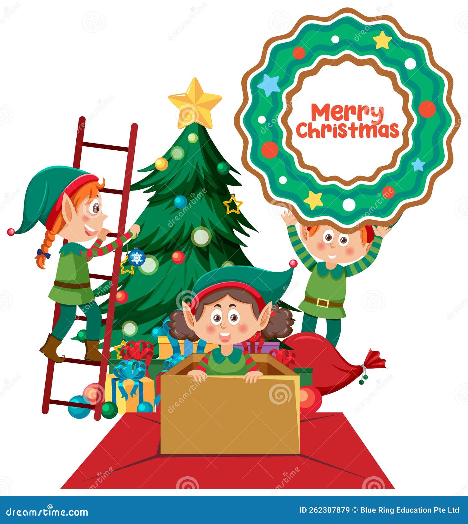 Christmas Elf Kids with Christmas Tree Stock Vector - Illustration of ...