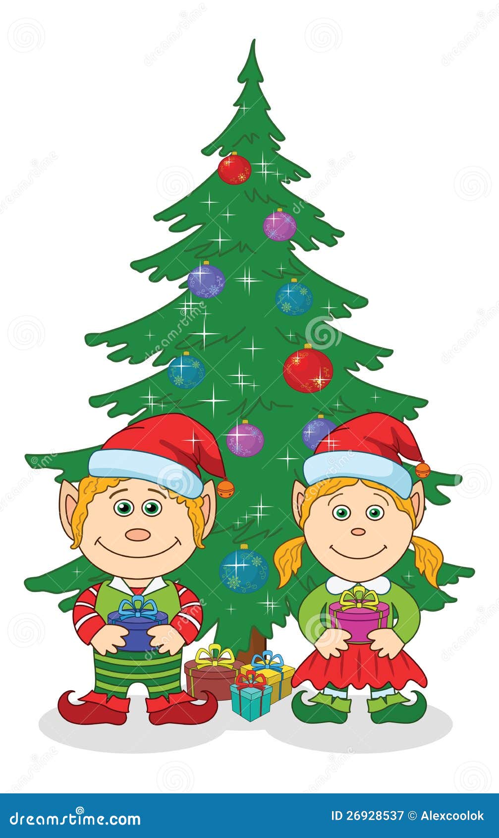 Christmas Elves and Fir Tree Stock Illustration - Illustration of gift ...