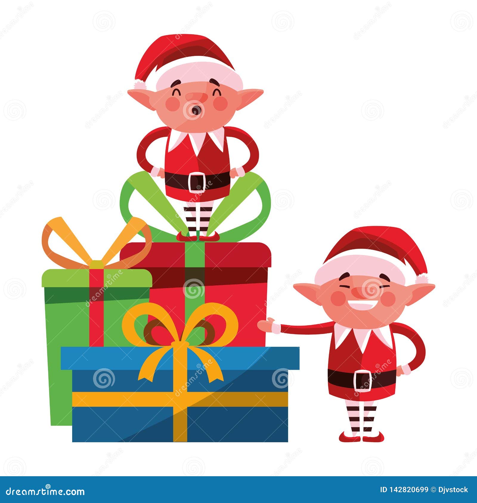 Christmas Elves and Gift Boxes Stock Vector - Illustration of isolated ...