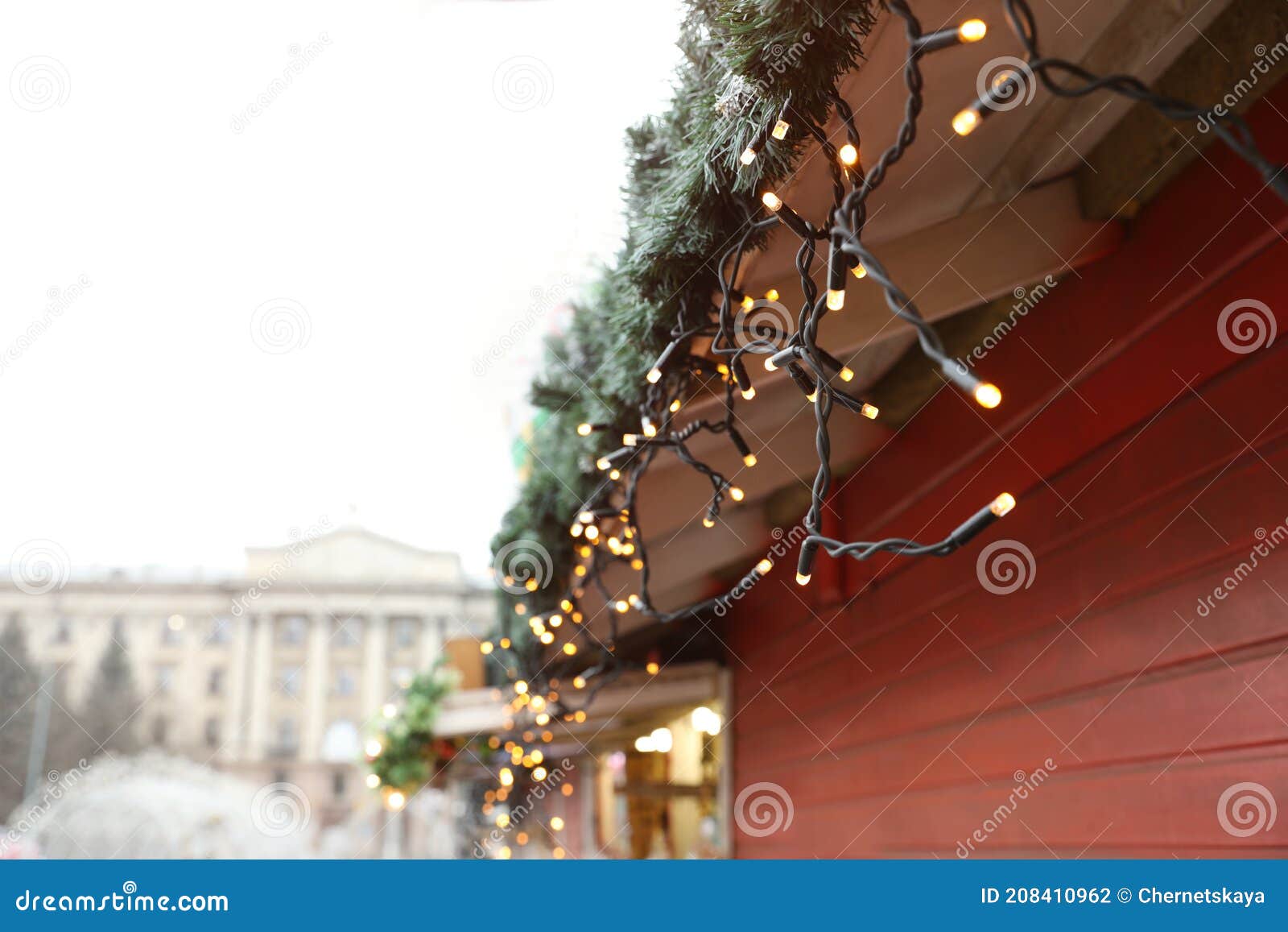 Christmas Fair Stall with String Lights Outdoors, Closeup Stock Photo ...
