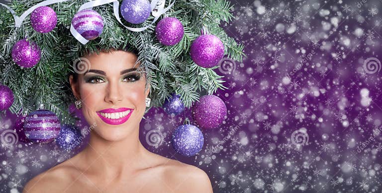 Christmas Fashion Model Woman Xmas New Year Hairstyle And Make Stock