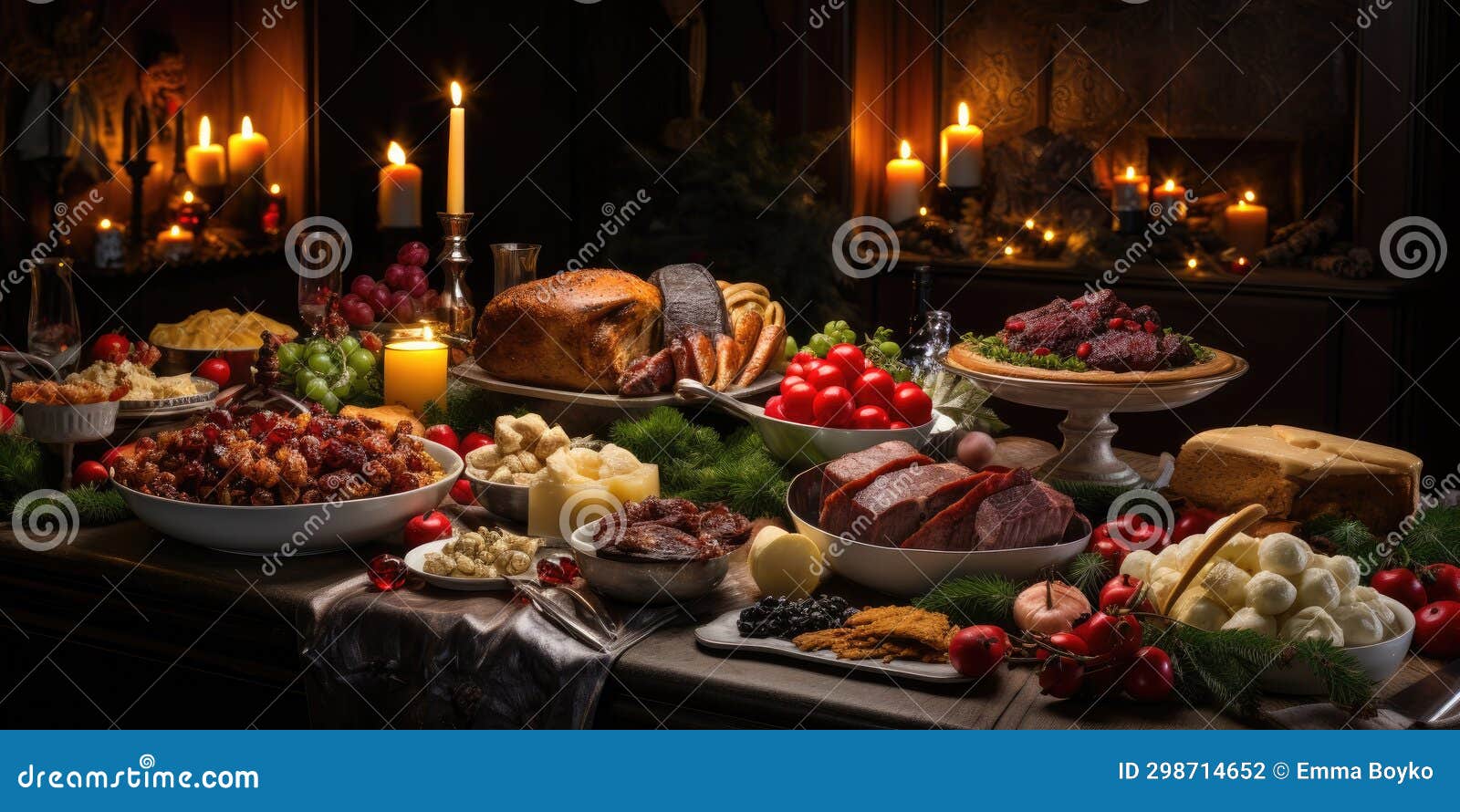 Christmas Feast Table, Many Delicious Dishes. Candles on the Table ...