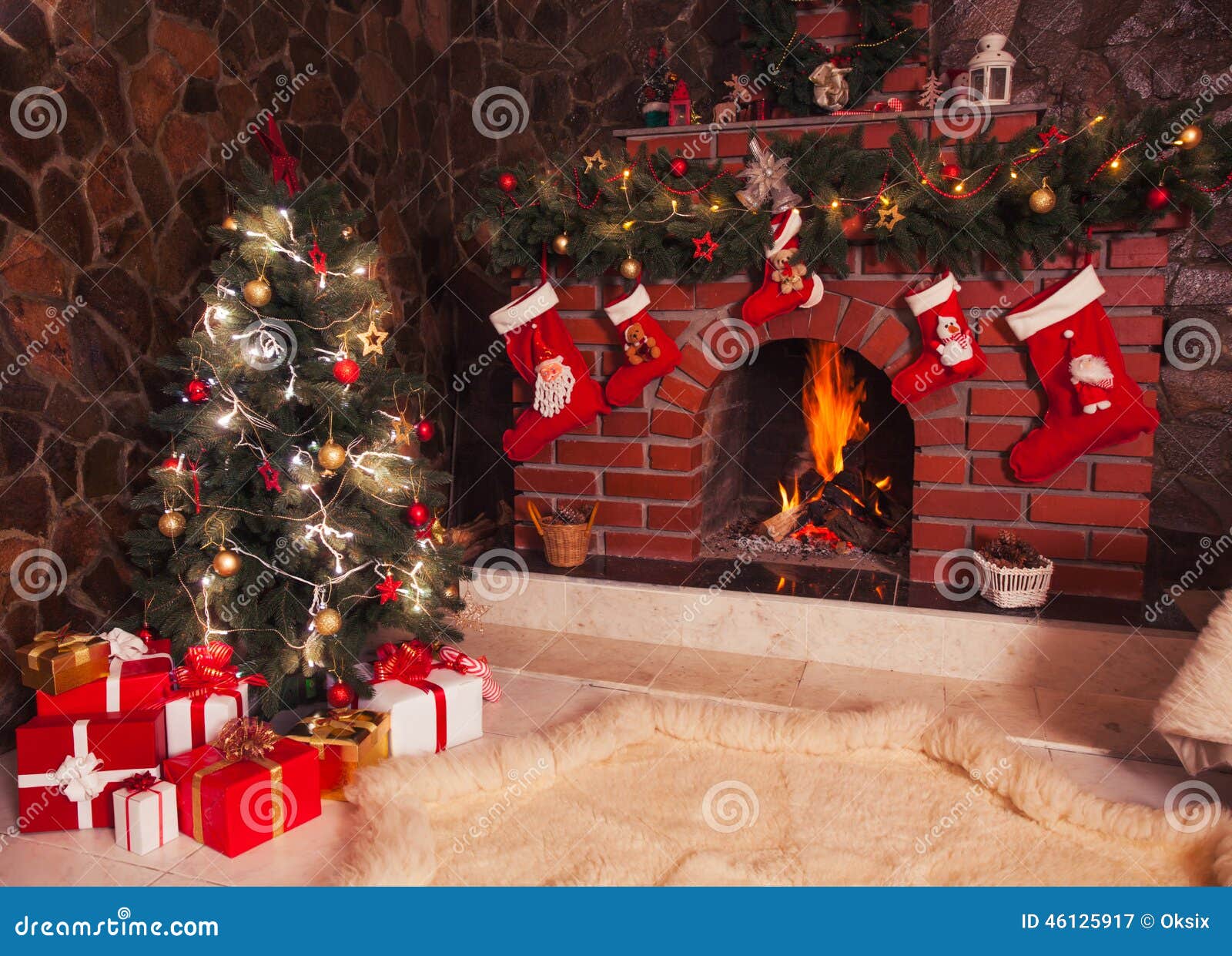 Christmas Fireplace in the Room Stock Image - Image of decoration ...