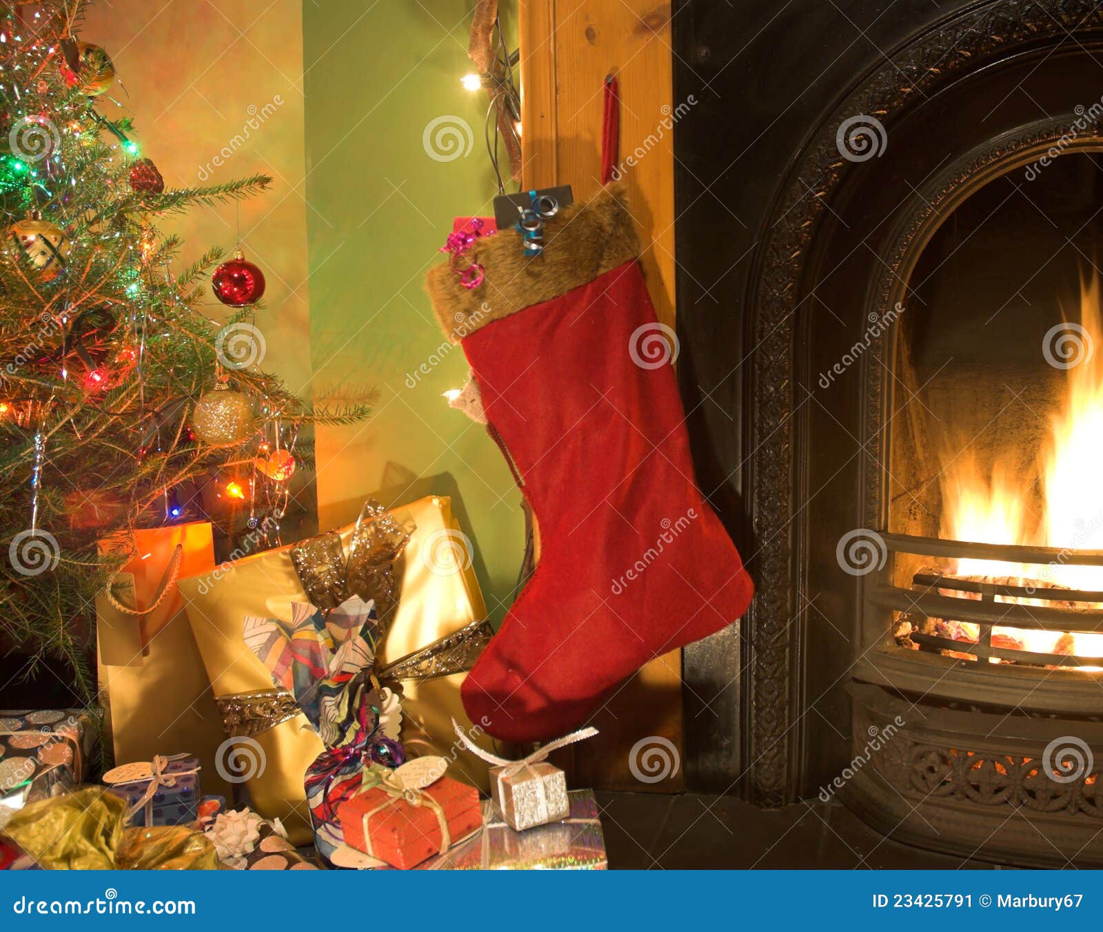 Christmas Fireside stock image. Image of tinsel, interior - 23425791