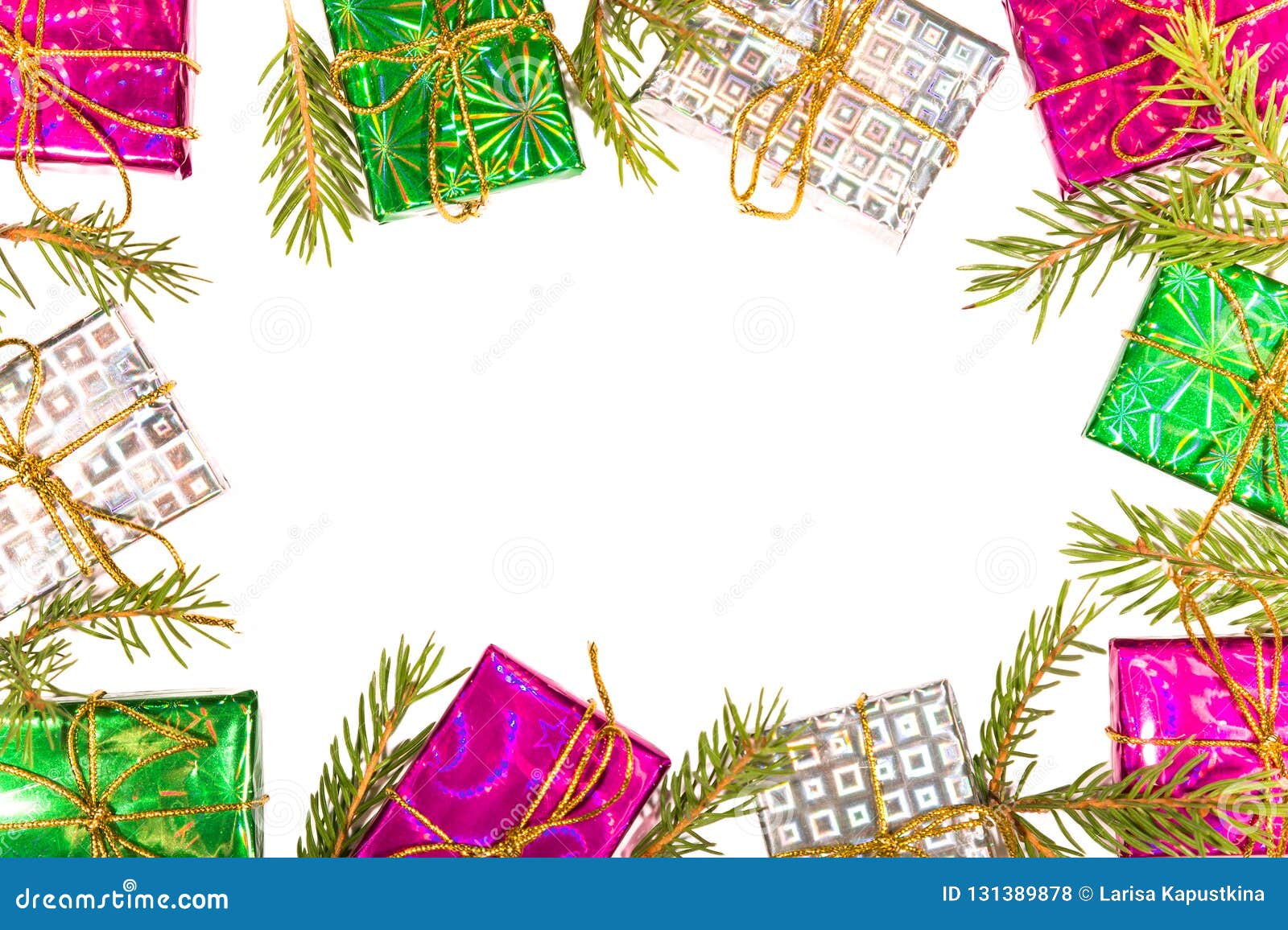Christmas Frame Composition with Gift Boxes, Fir Branches and Empty ...