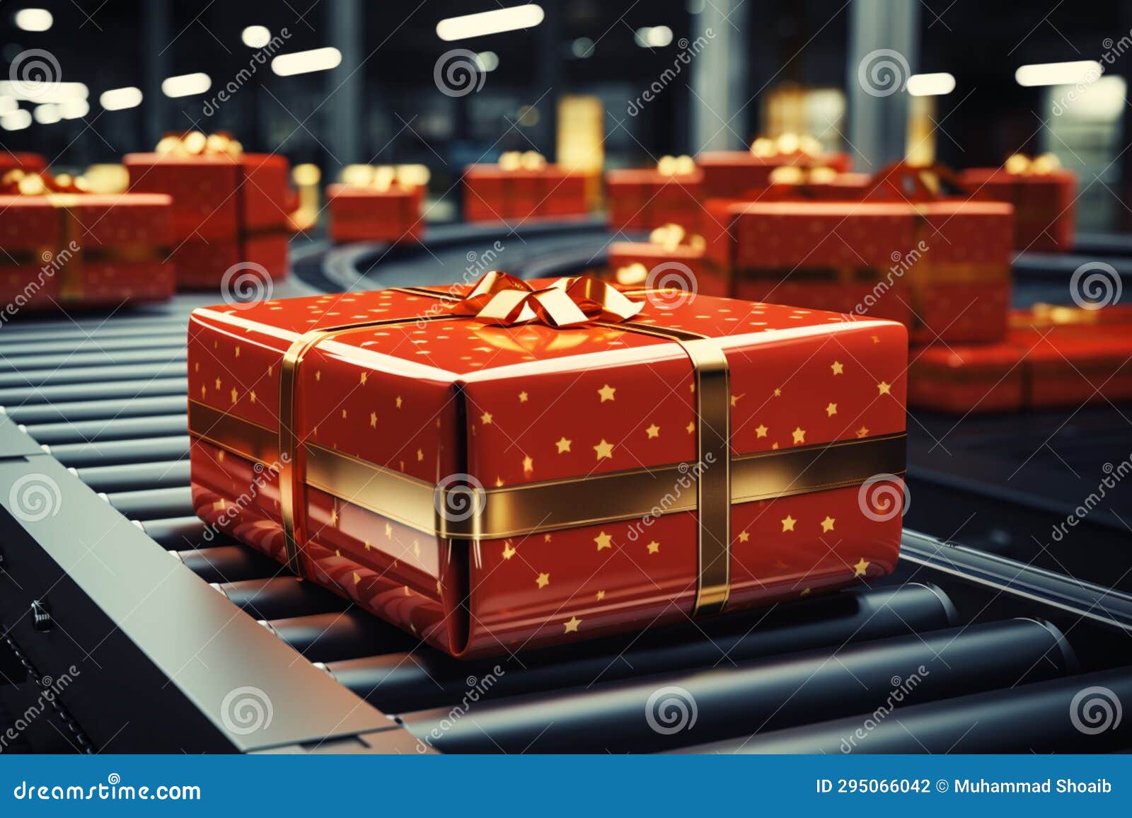 Christmas Gift Box in 3D Rendering on a Conveyor Roller Stock ...